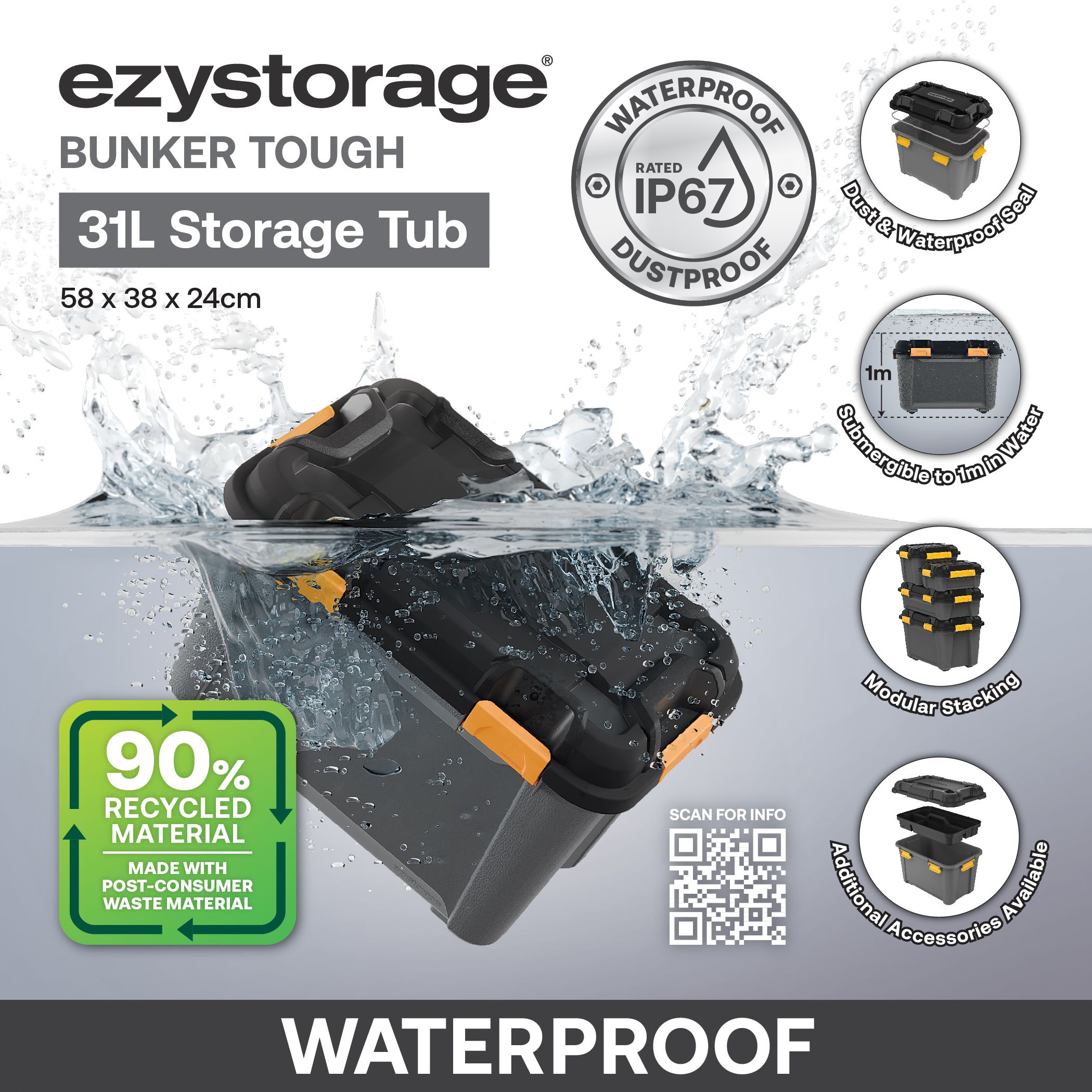 Ezy Storage Bunker tough Heavy duty Black 31L Medium Plastic Stackable ...