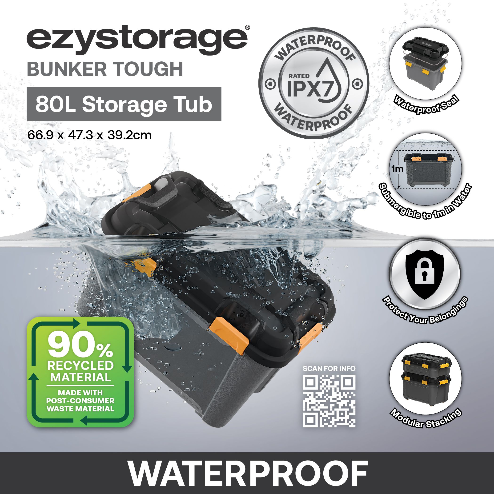 Ezy Storage Bunker tough Heavy duty Black 80L Large Plastic Stackable ...