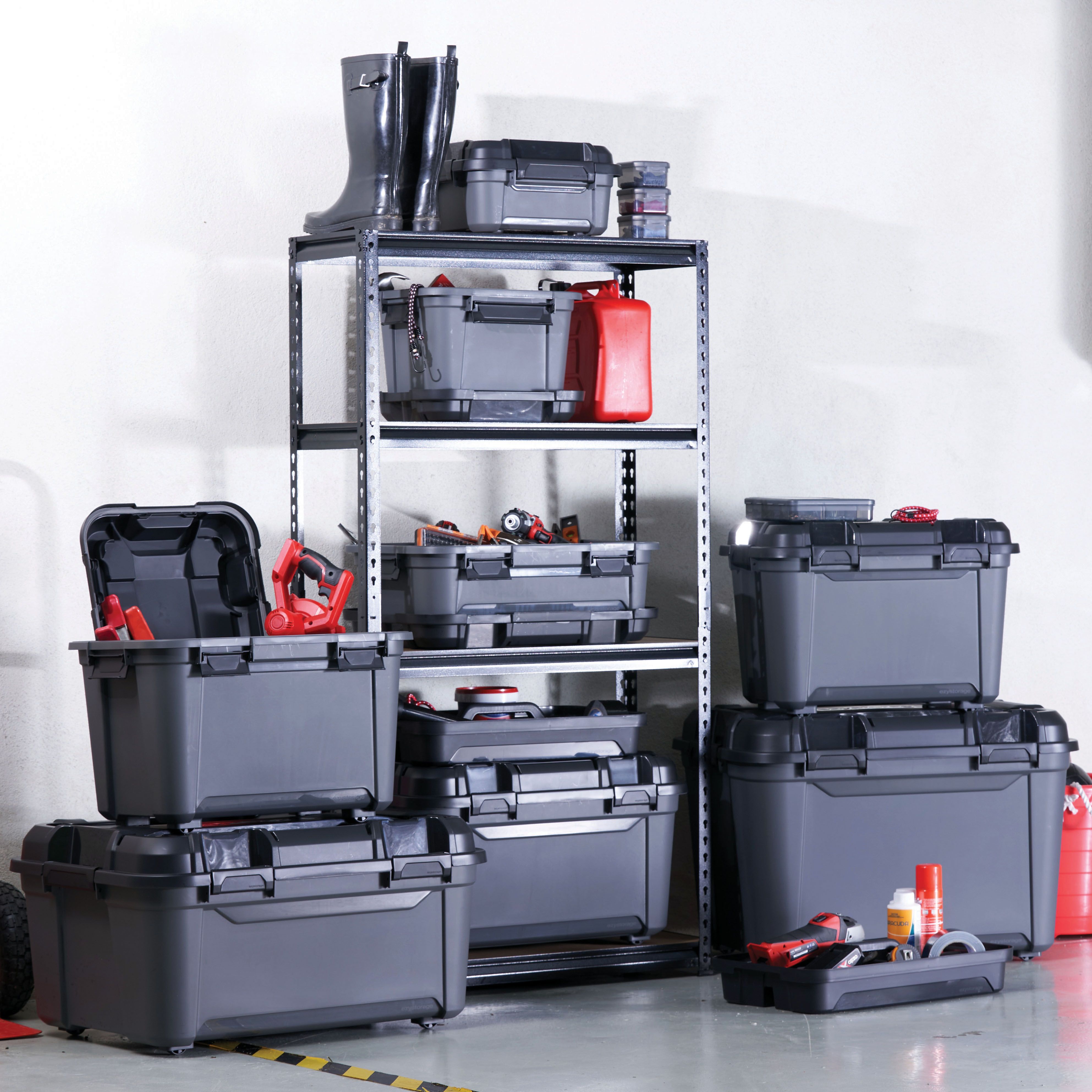 Ezy Storage Bunker tough Heavy duty Black 80L Large Plastic Stackable ...