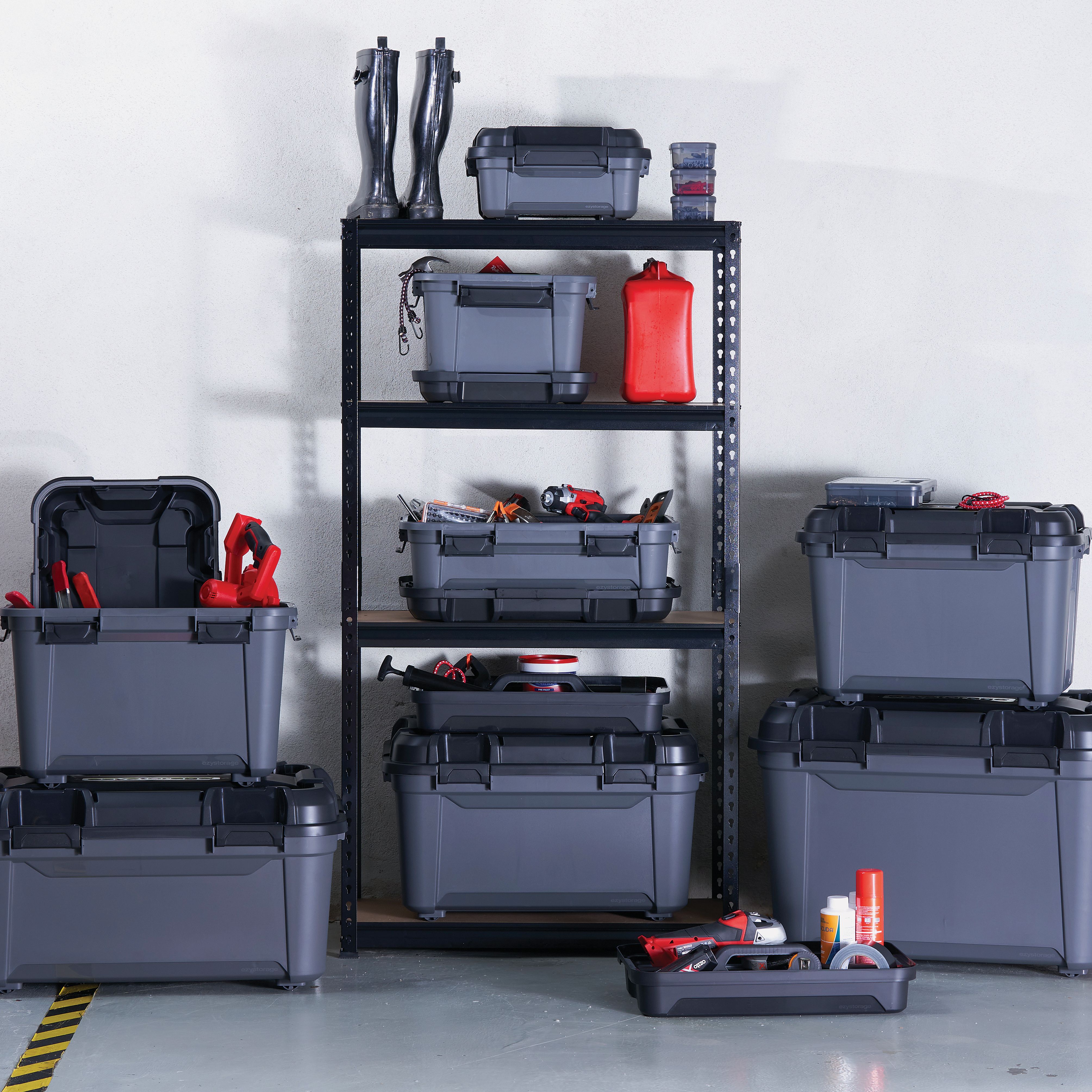 Ezy Storage Bunker tough Heavy duty Black 80L Large Plastic Stackable ...