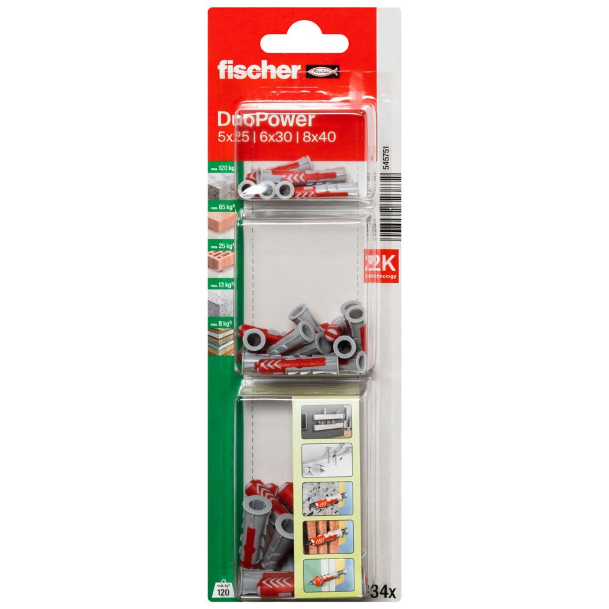 Fischer DuoPower Grey & red Nylon Wall plug, 34 pieces