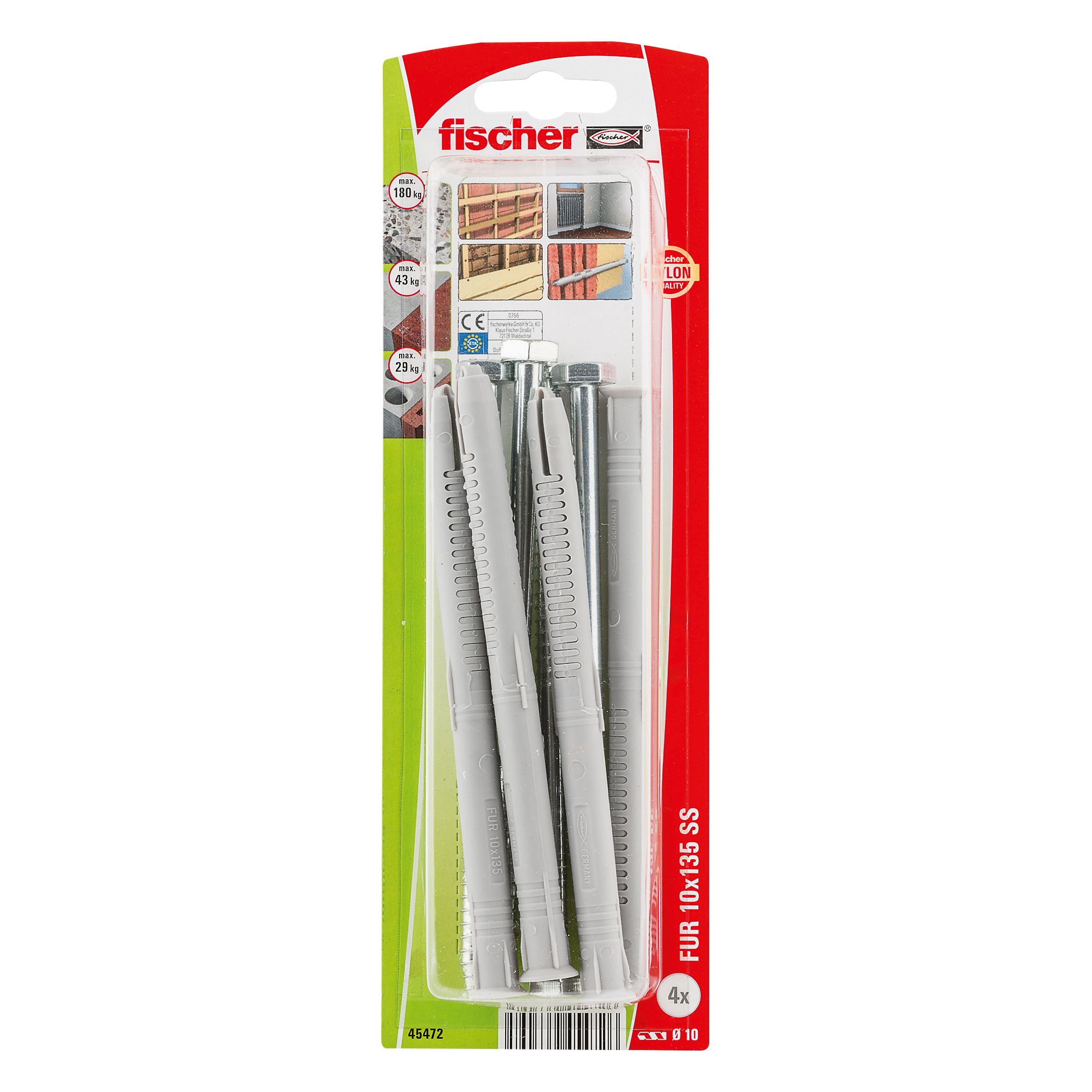 Fischer TX Countersunk Frame fixing (Dia)10mm (L)140mm, Pack of 4
