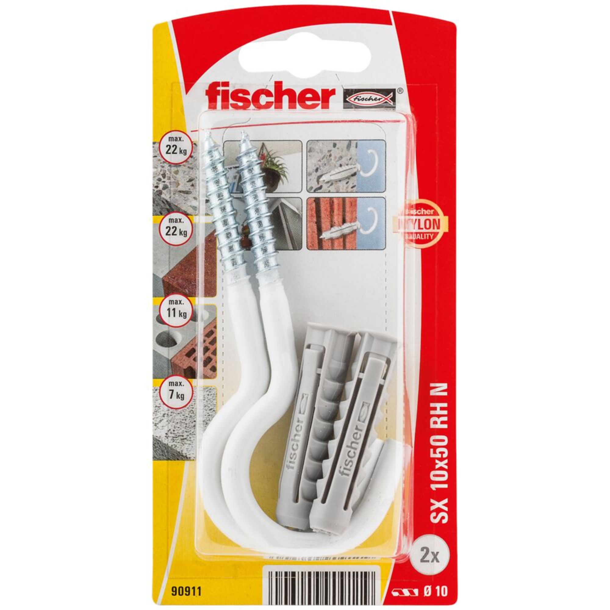 Fischer White & grey Hook with wall plug (Dia)10mm (L)105mm, Pack of 2