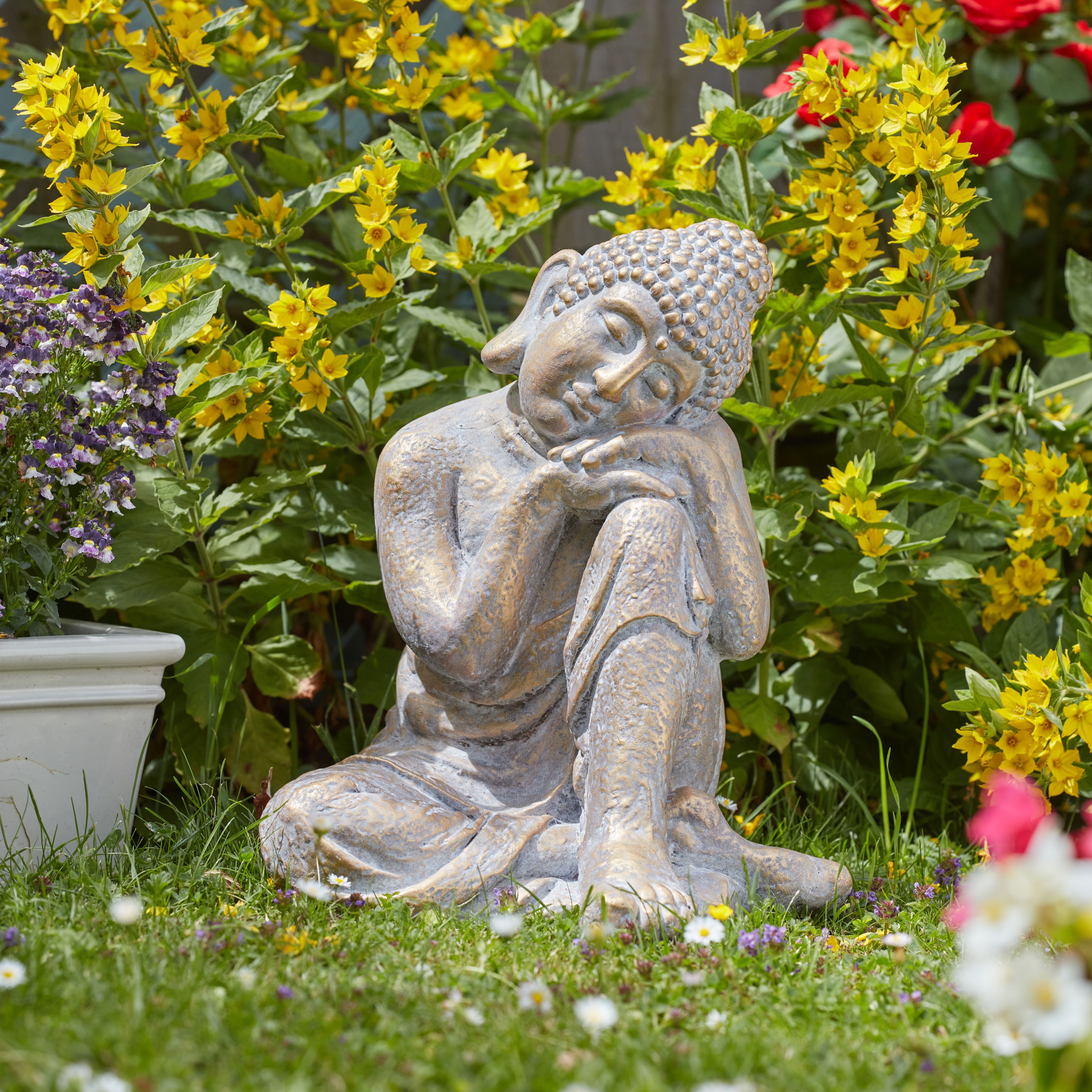 Flamboya Brushed Gold Stone effect Dreaming Buddha Garden ornament (H ...