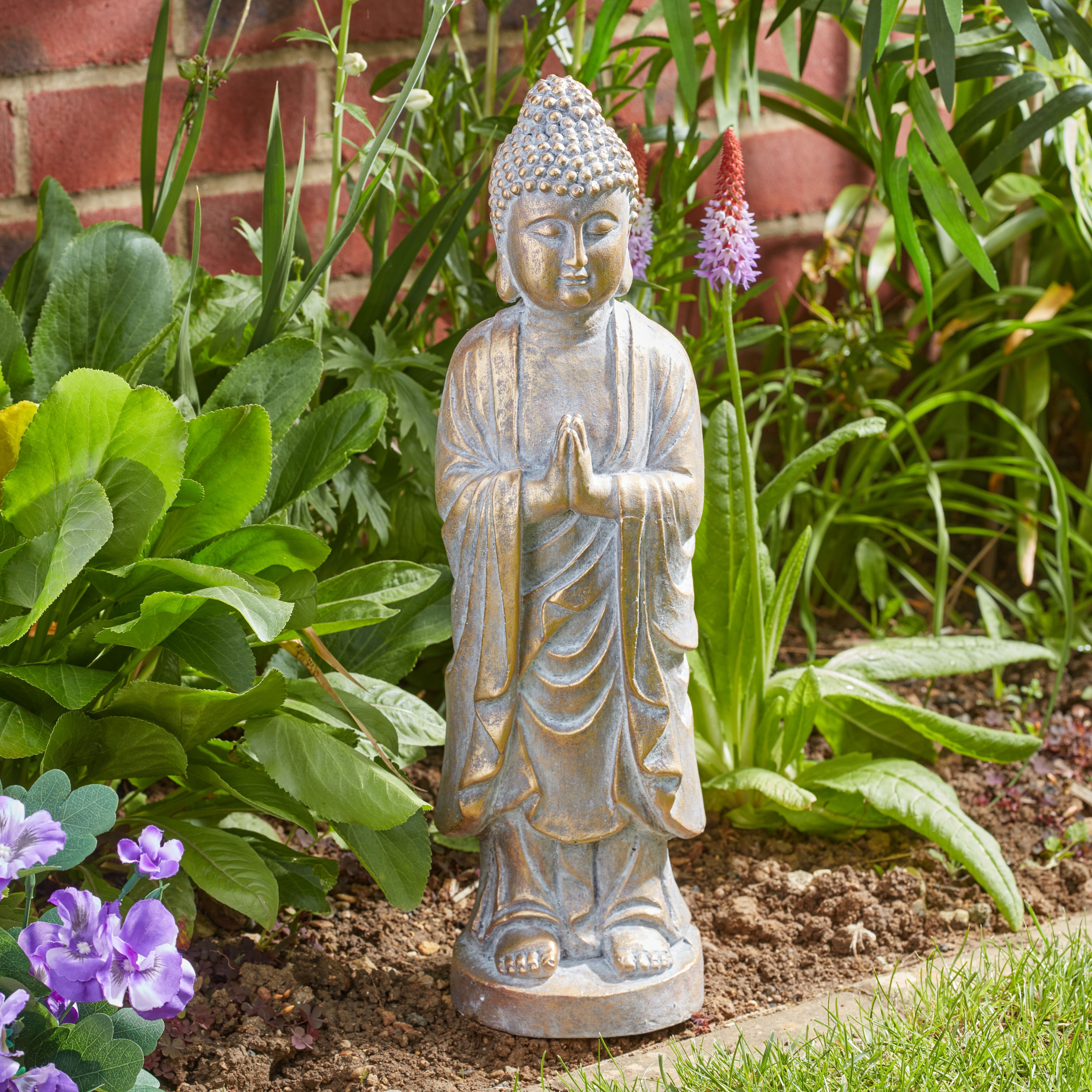 Flamboya Brushed Gold Stone effect Praying Buddha Garden ornament (H ...