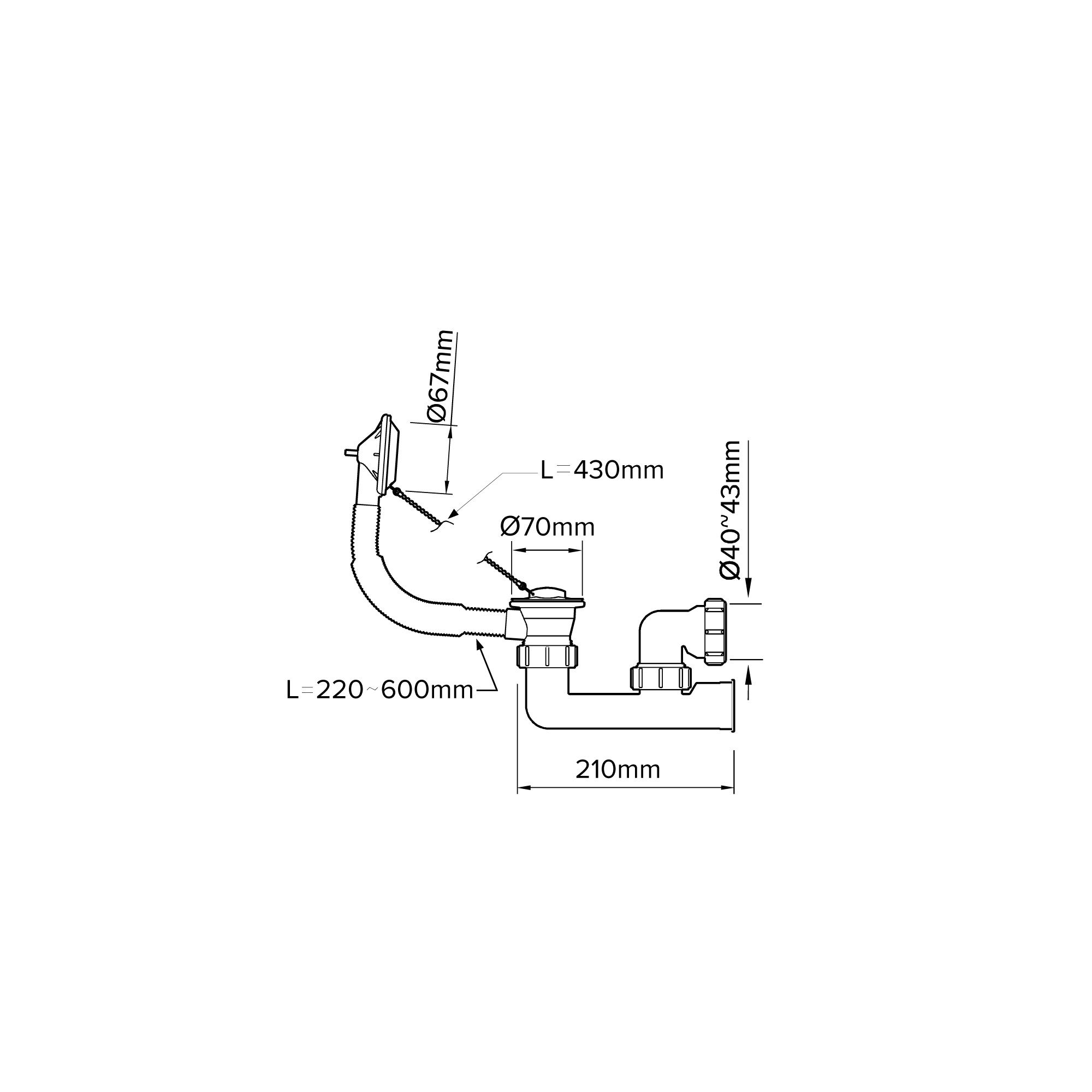 Flomasta Bath Waste & trap kit (Dia)70mm - White 580mm