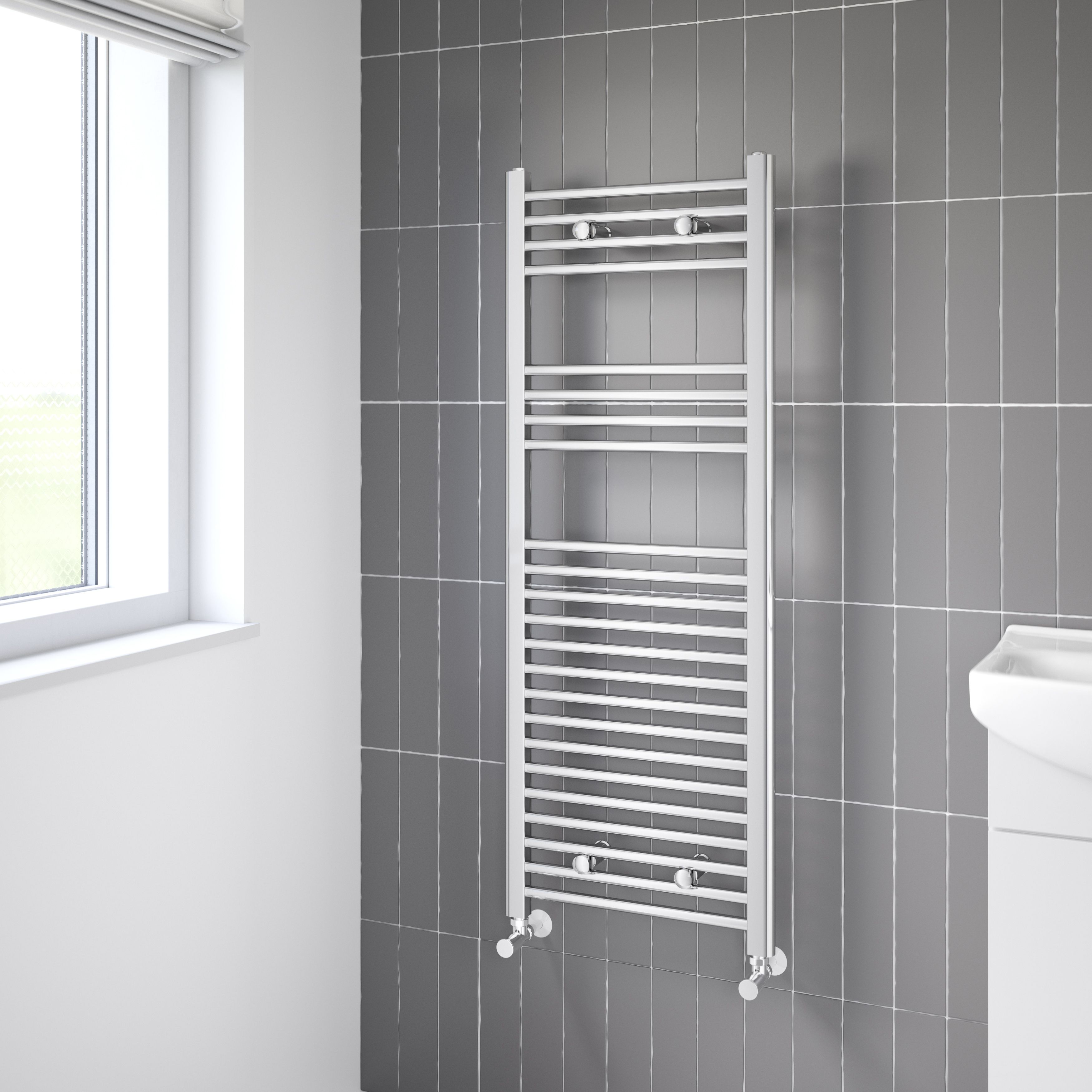 Flomasta Flat Chrome effect 1136BTU Vertical Towel radiator (W)450mm x ...