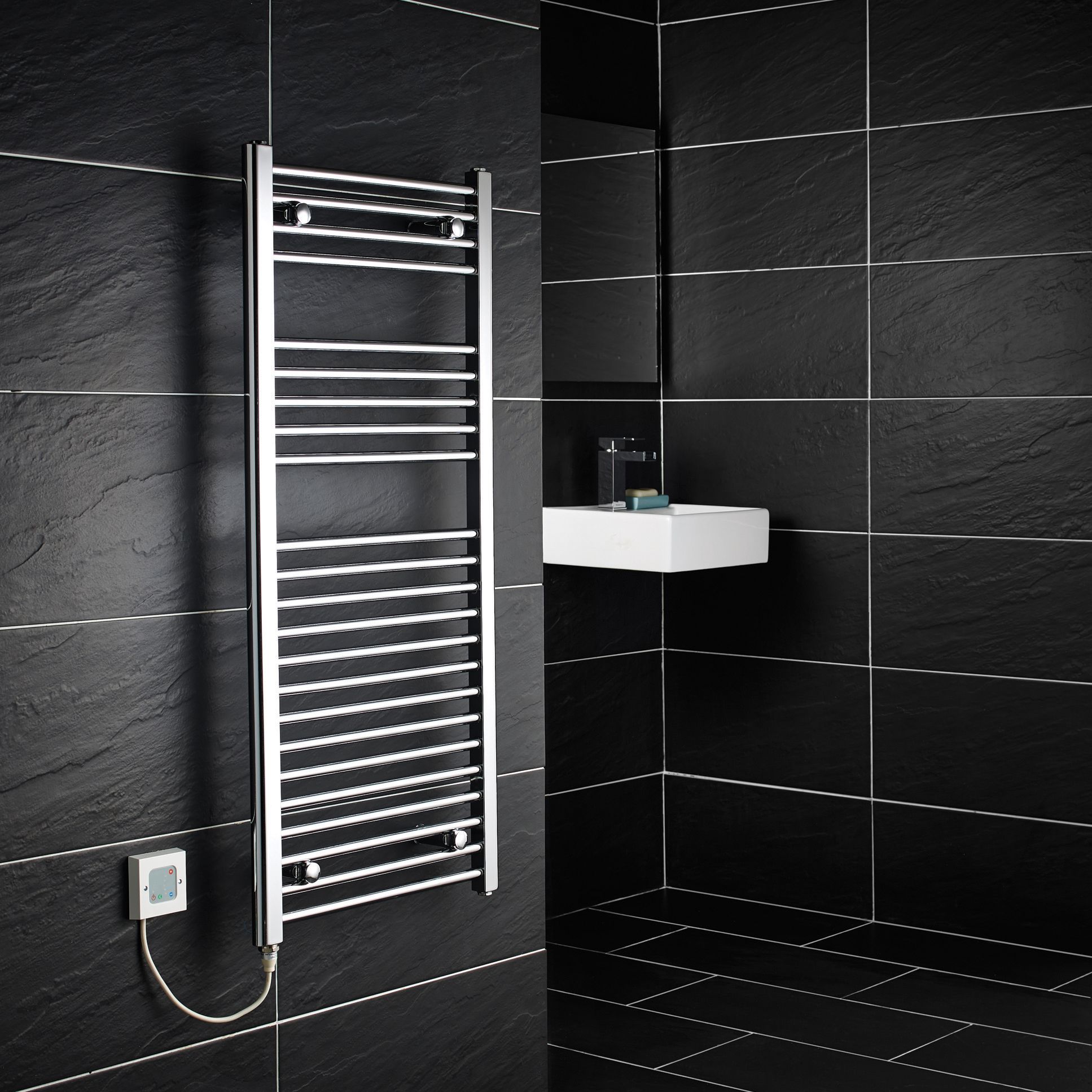 Flomasta Galene Chrome effect Electric Flat Towel warmer (W)500mm x (H ...