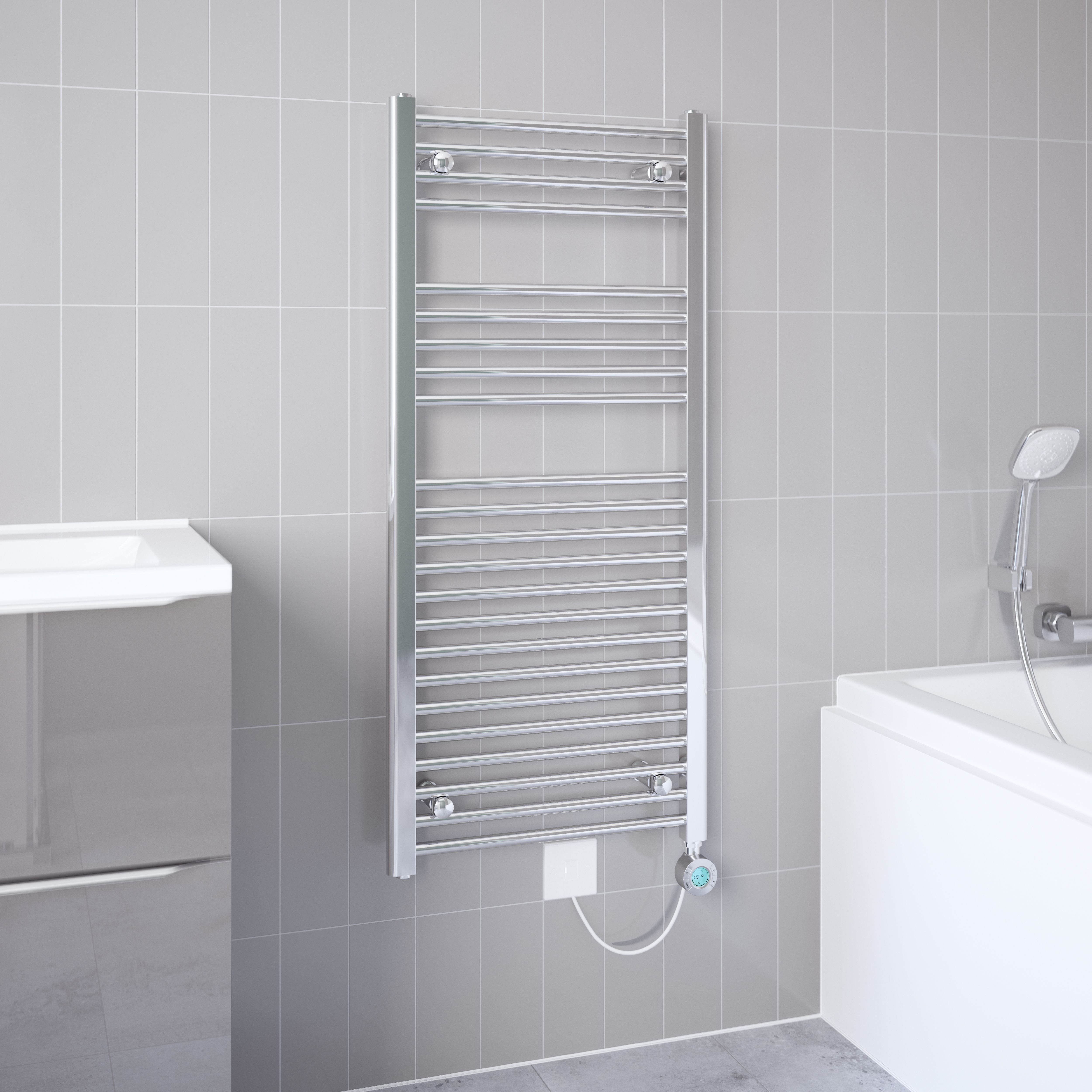 Flomasta Galene Chrome effect Electric Flat Towel warmer (W)500mm x (H ...