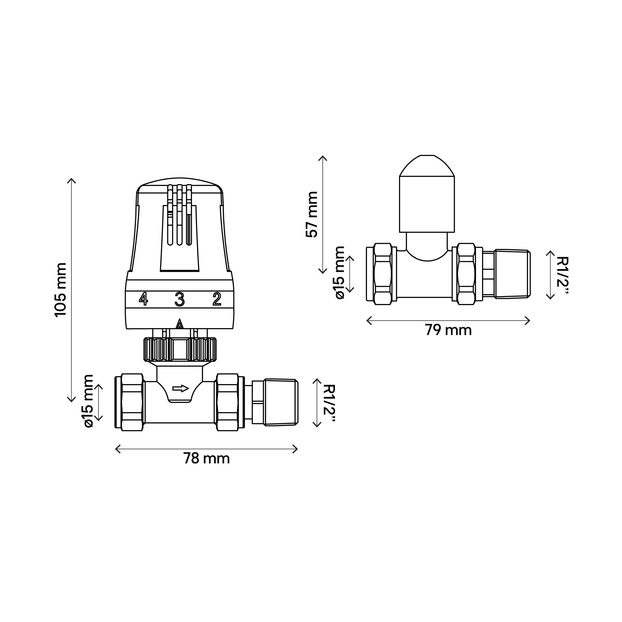 Flomasta Polished Straight Radiator valve & lockshield (Dia)15mm x ½"