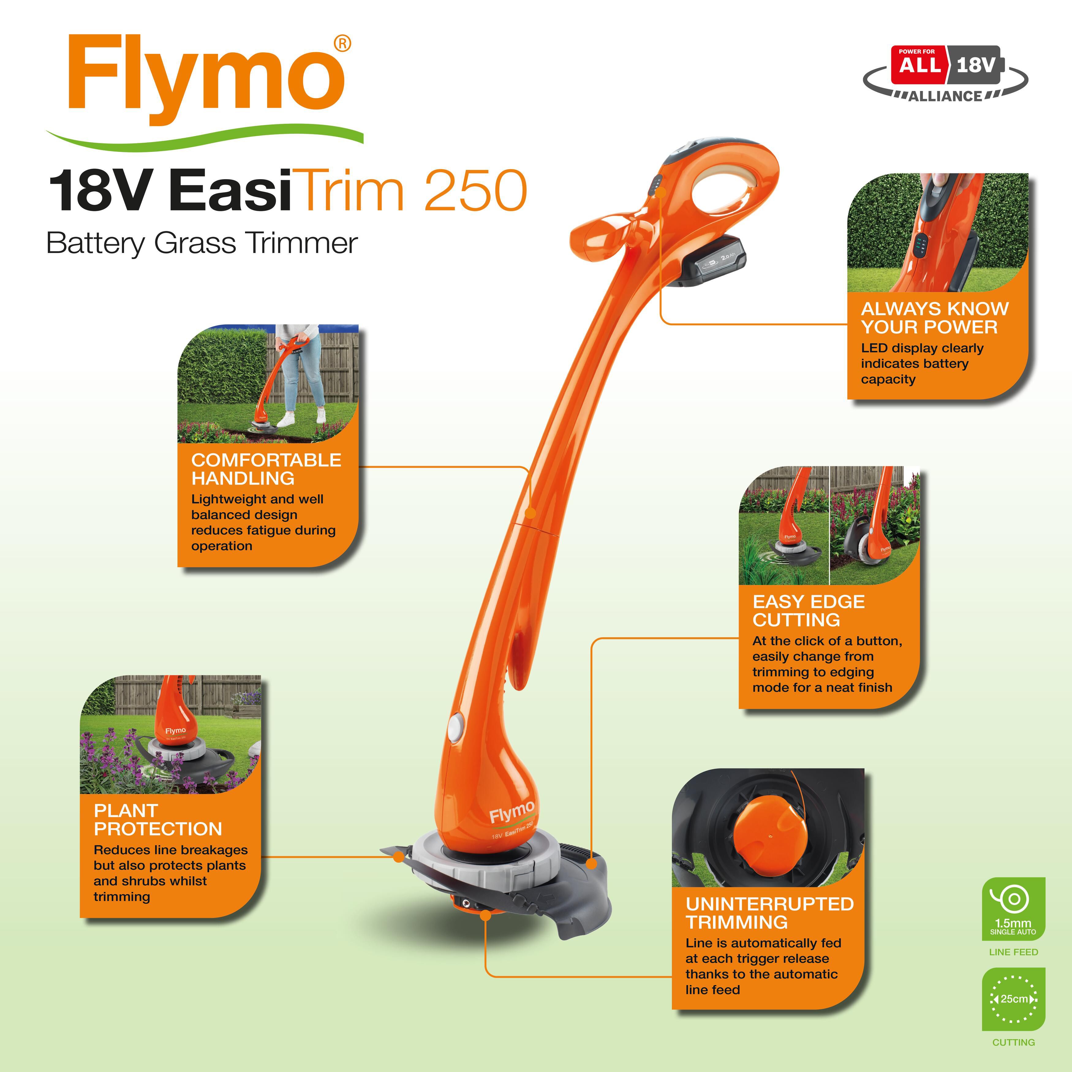 FLYMO EASITRIM 250 18V 250MM CORDLESS GRASS TRIMMER (1 X 2AH)