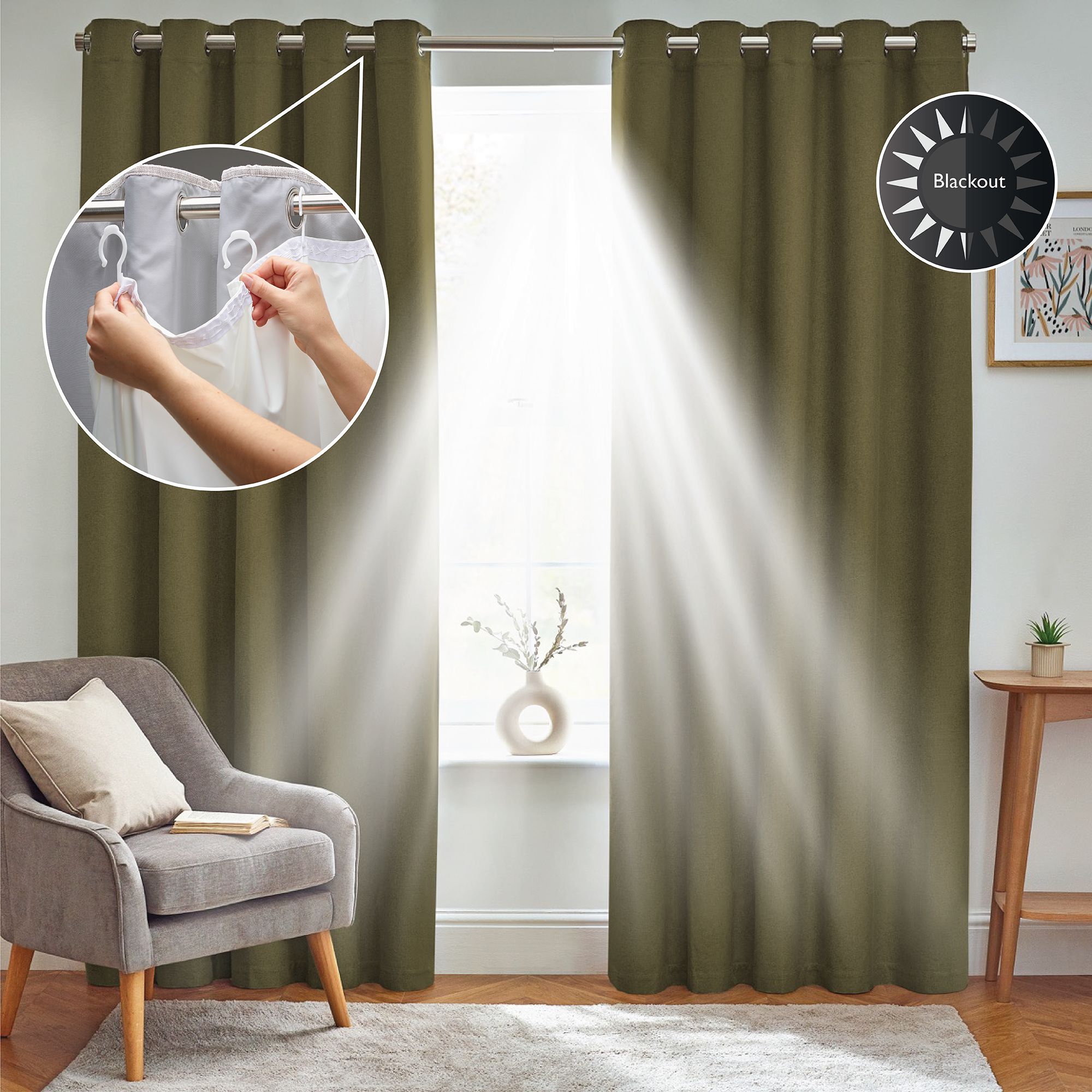 furn. Blackout Eyelet Curtain lining Pair, (L) 224cm x (W) 216cm