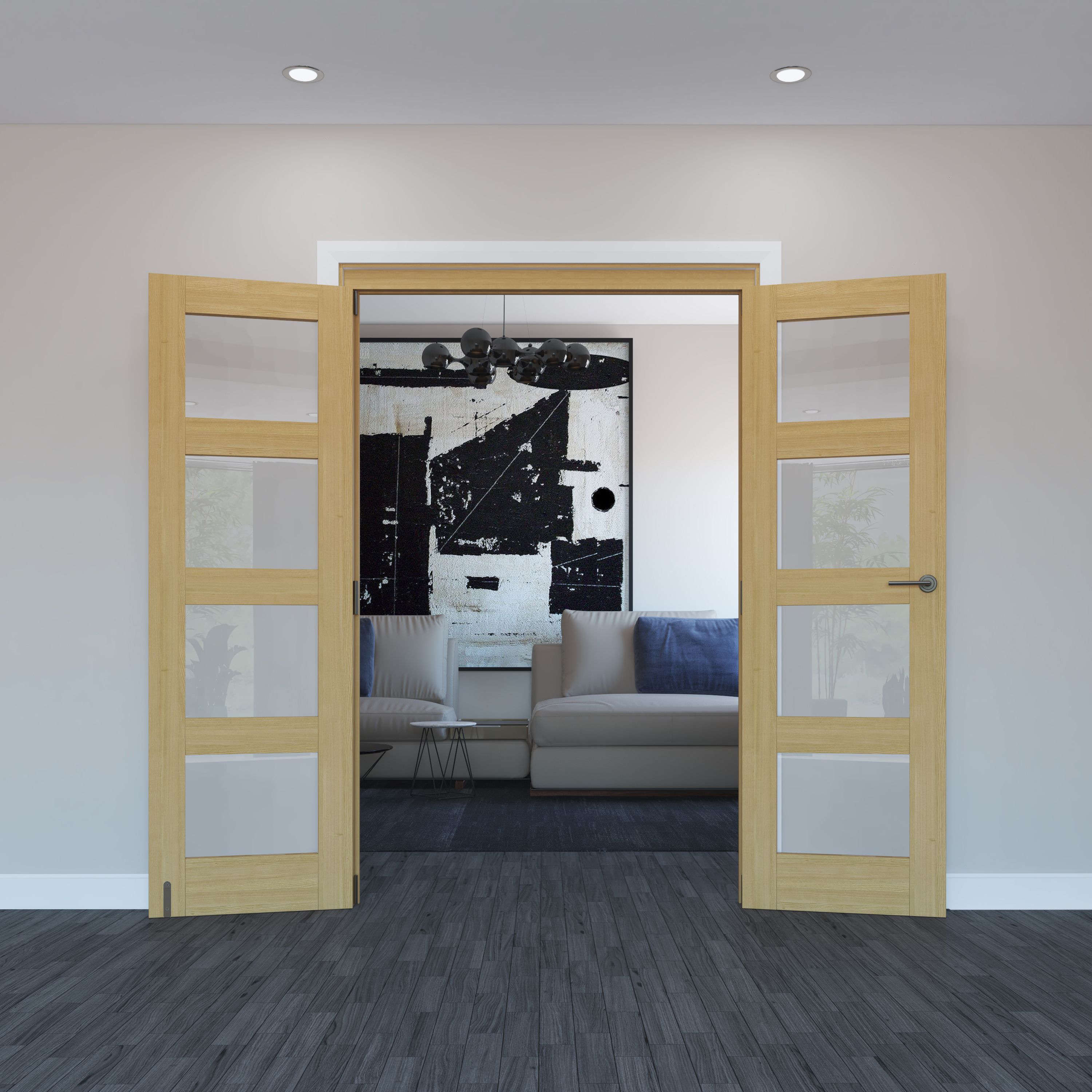 Geom 4 Lite Clear Glazed Oak French Door set with 4 panes, (H)2017mm (W ...