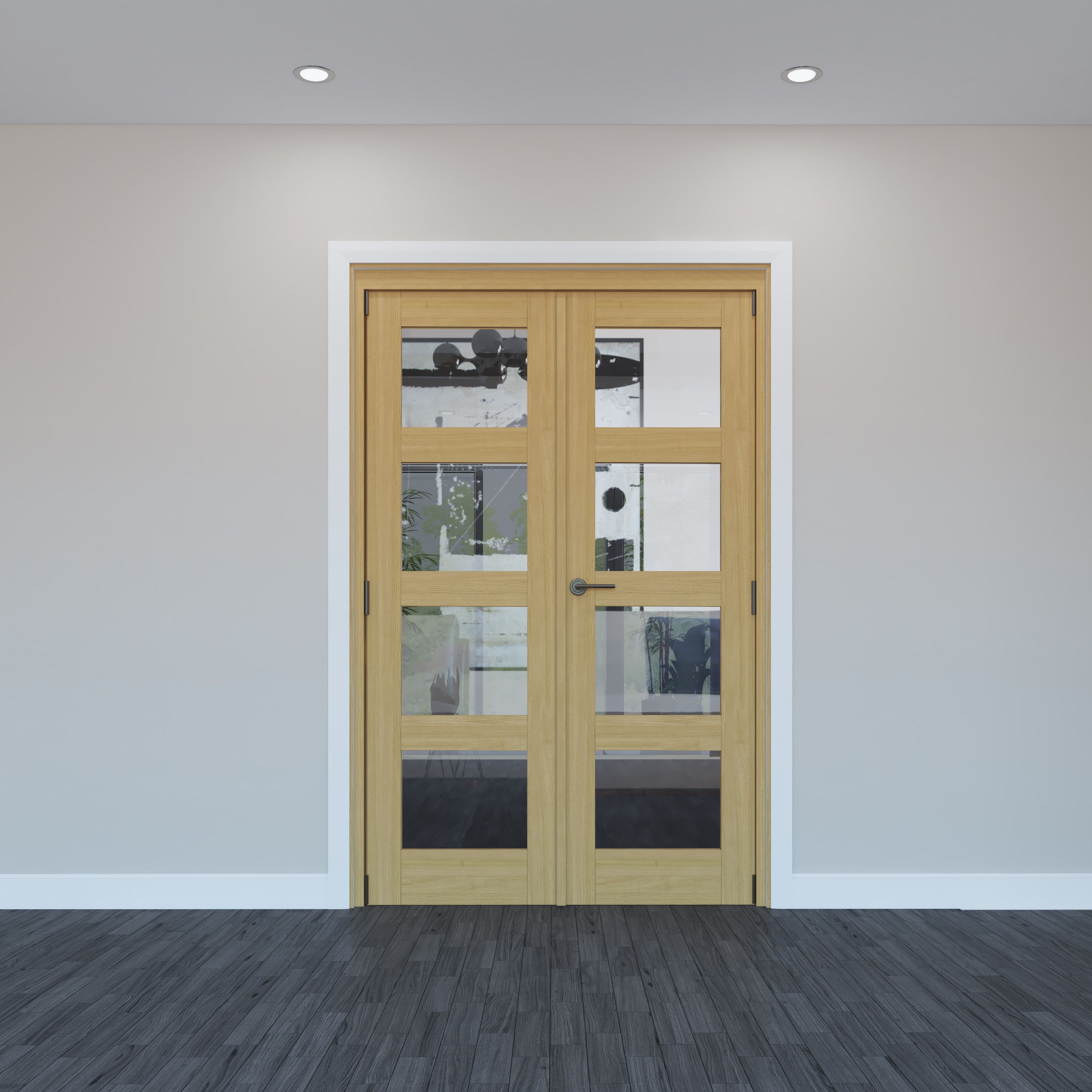 Geom 4 Lite Clear Glazed Oak French Door set with 4 panes, (H)2017mm (W ...