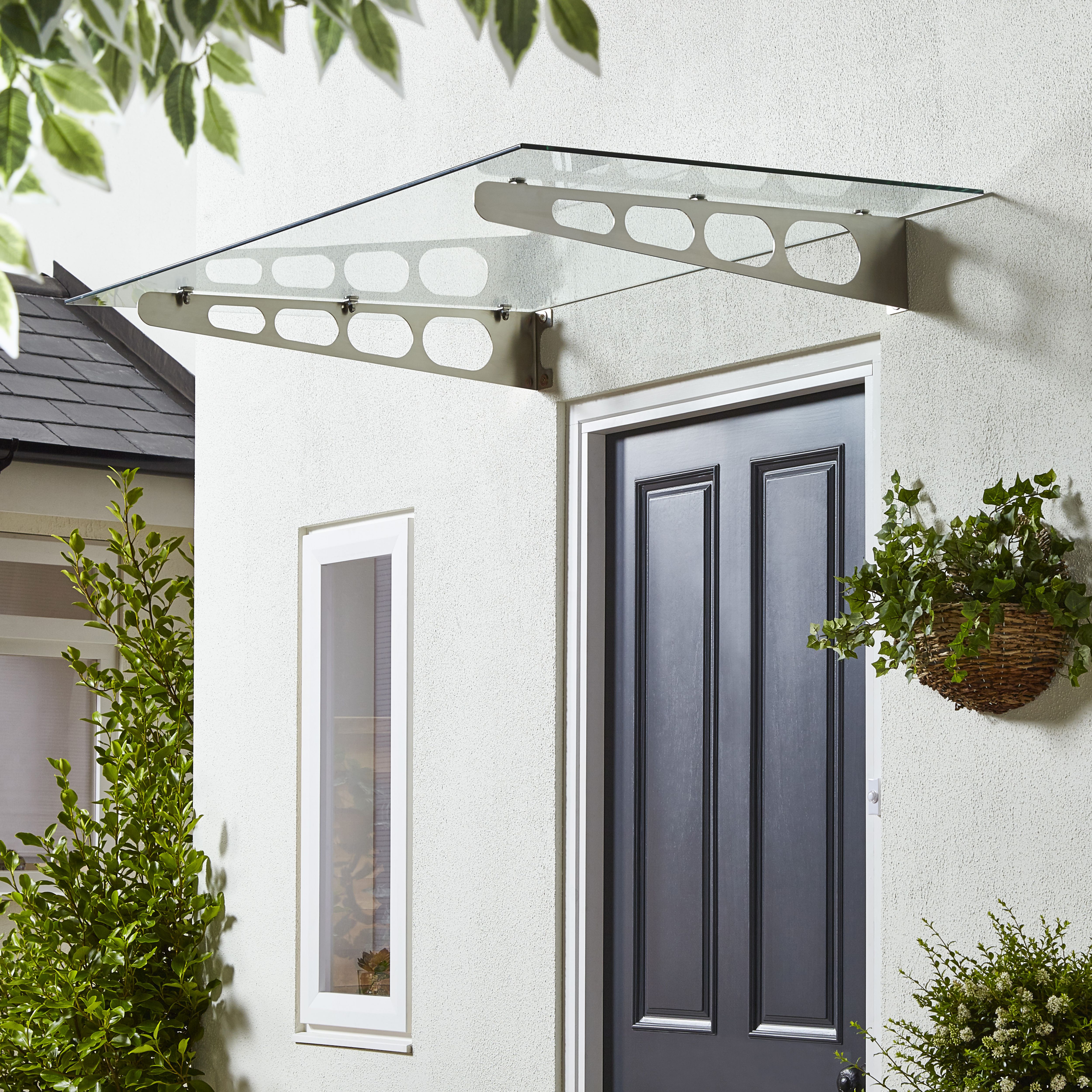 Geom Lugano Clear Glazed Glass & stainless steel Flat Porch canopy, (W ...