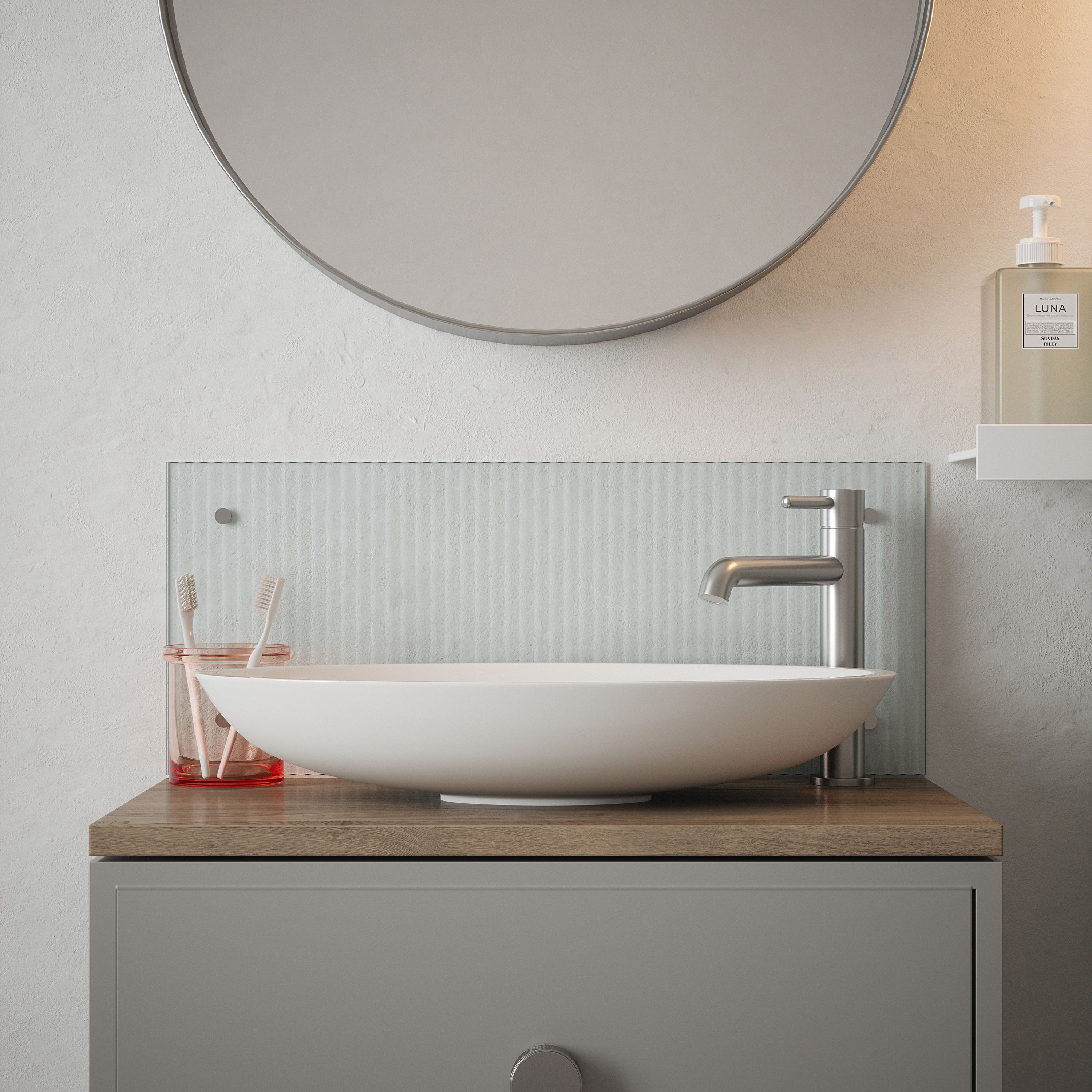 Glass Pre-drilled Bathroom Splashback (H)25cm (W)60cm - Gloss Fluted clear