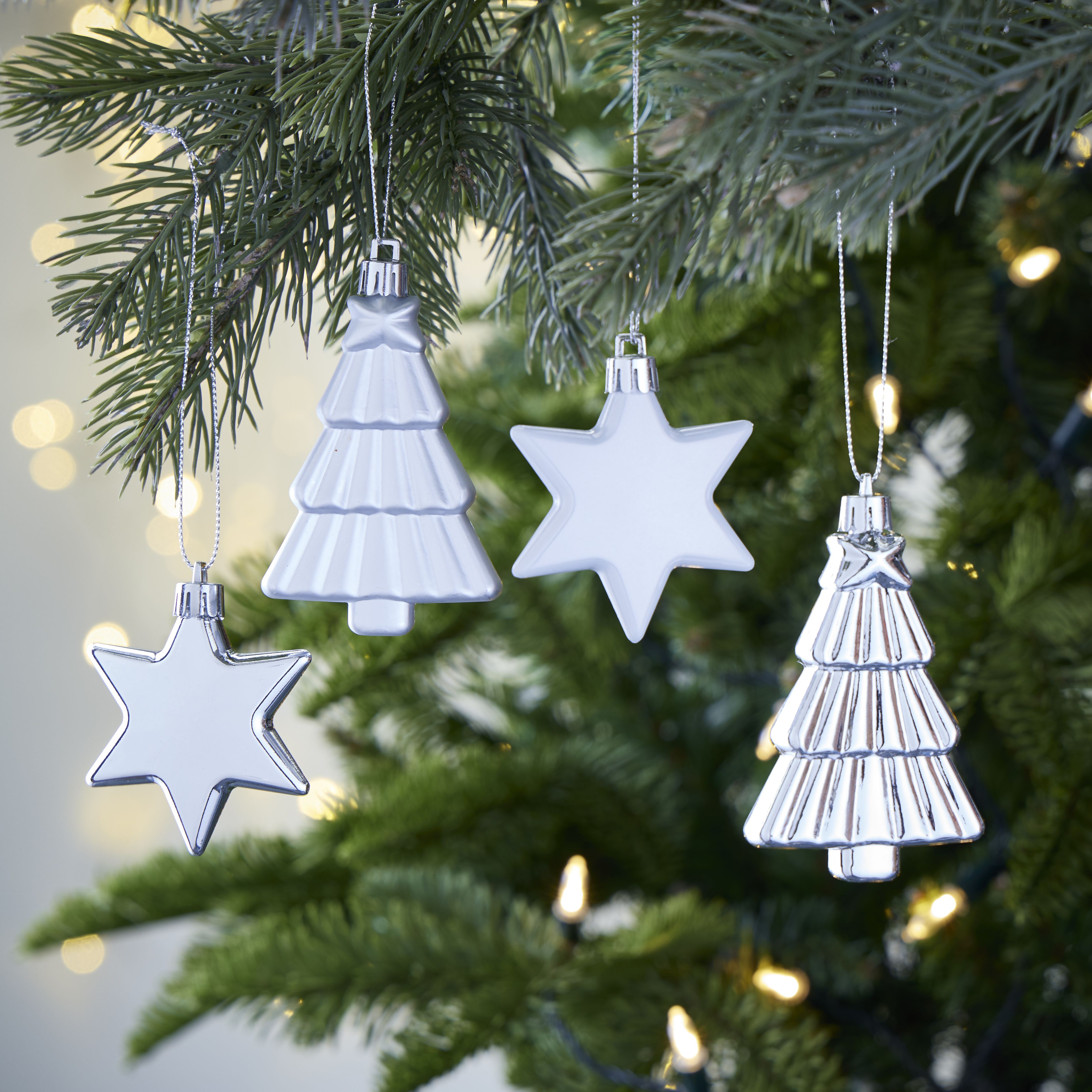 Gloss & matt Silver effect Star & Tree Hanging decoration set, Pack of 12