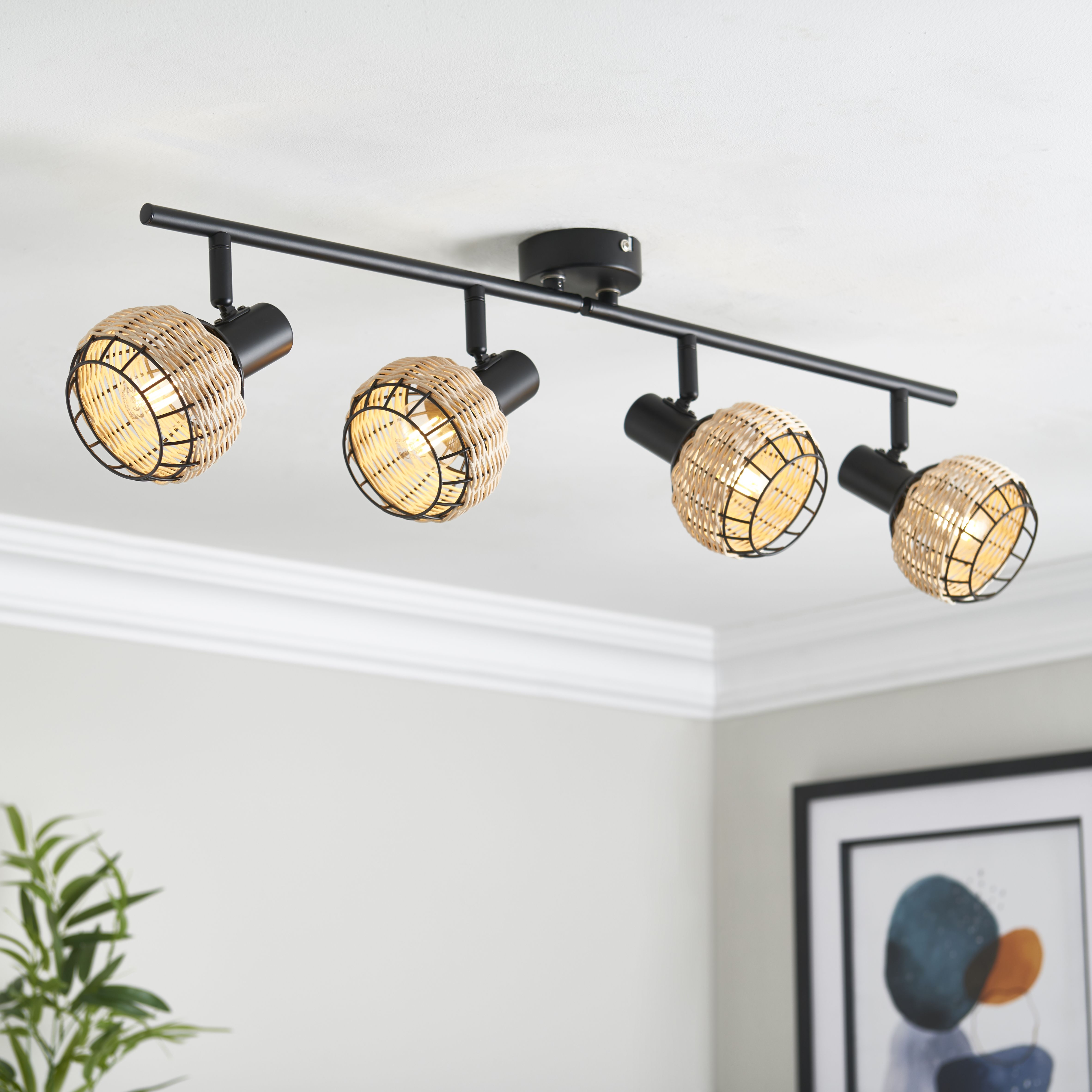 Goa Rattan Matt Black & Natural 4 Light Spotlight bar