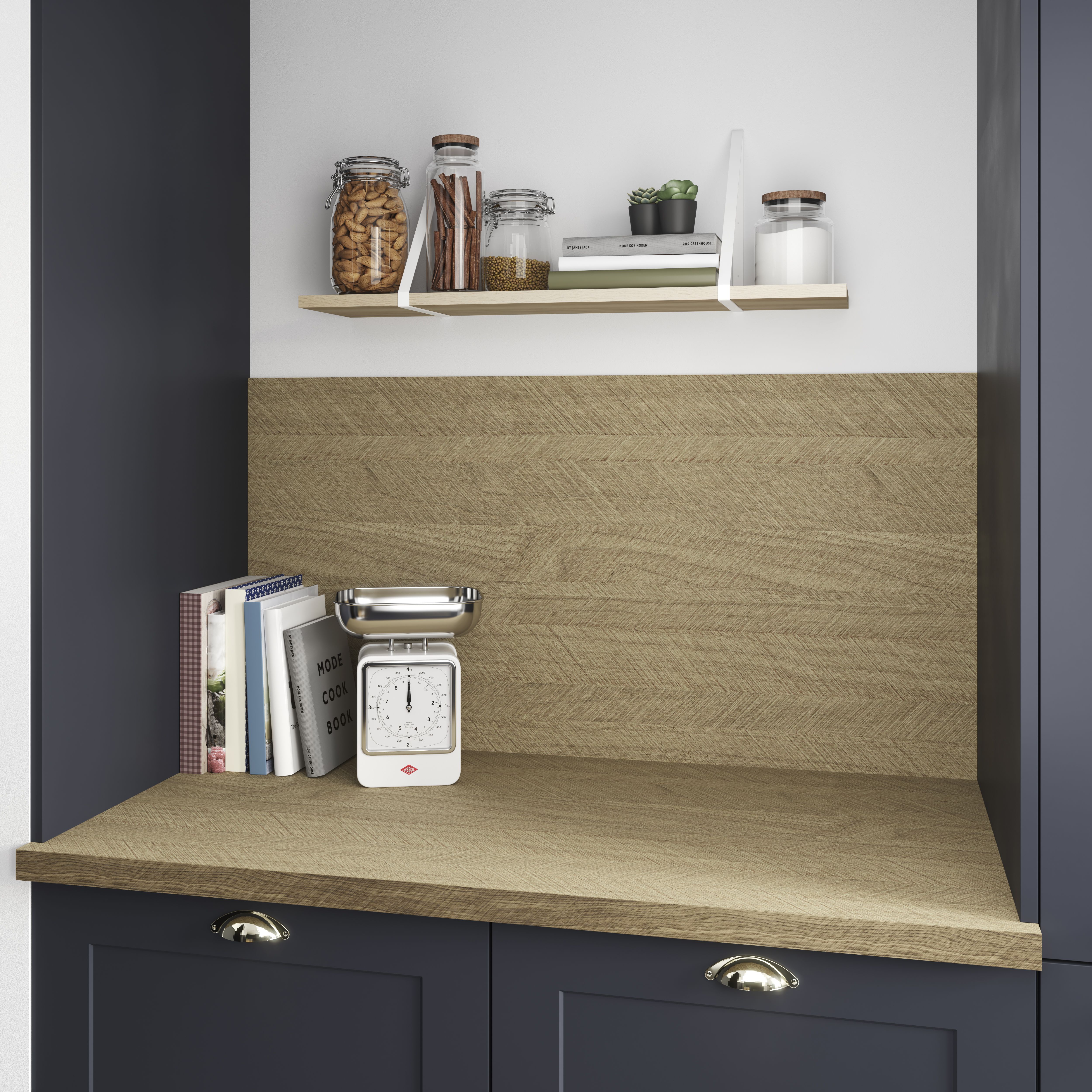 GoodHome 38mm Berberis Chevron Matt Oak effect Laminate Square edge Kitchen Worktop, (L)3000mm