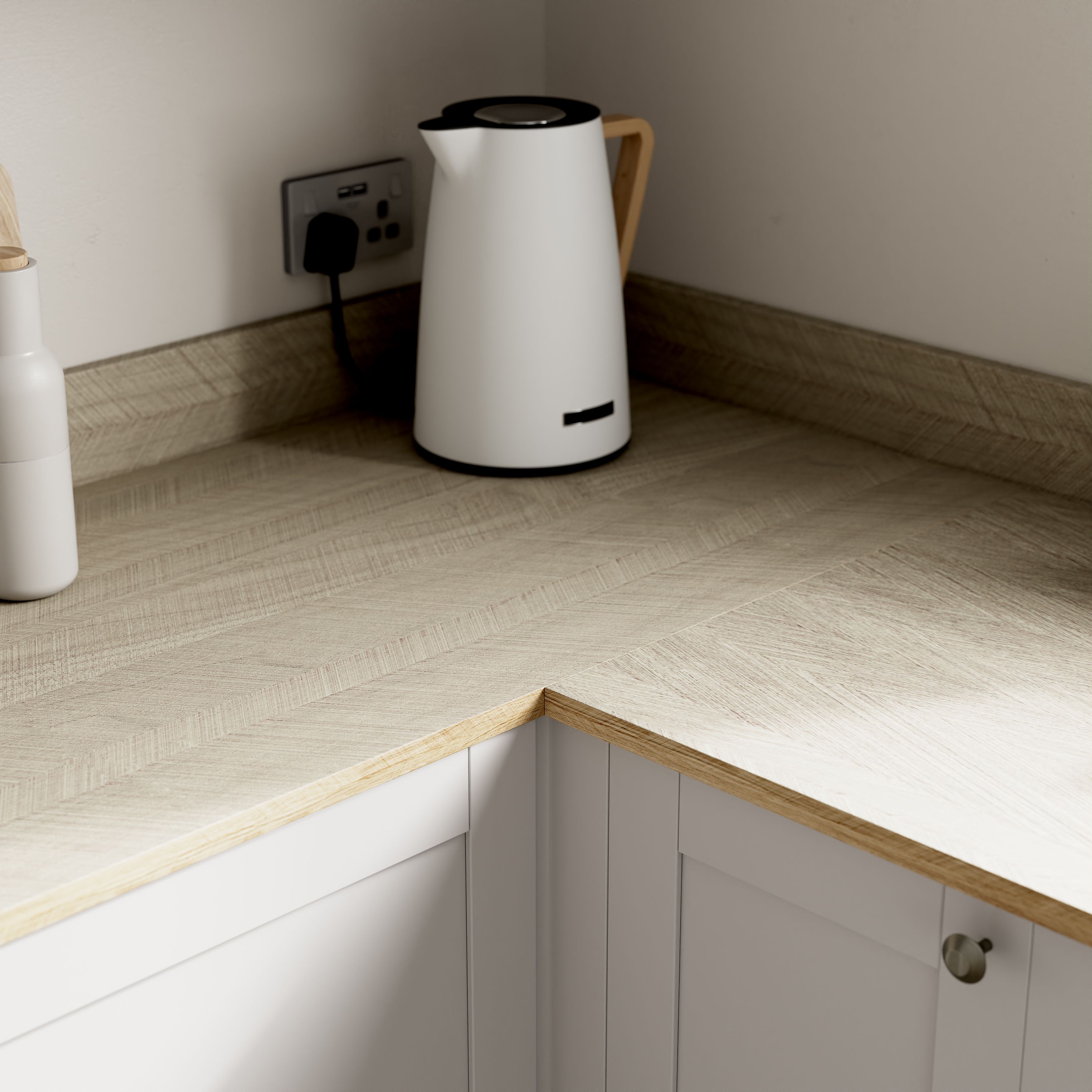 GoodHome 38mm Berberis Chevron Matt Oak effect Laminate Square edge Kitchen Worktop, (L)3000mm