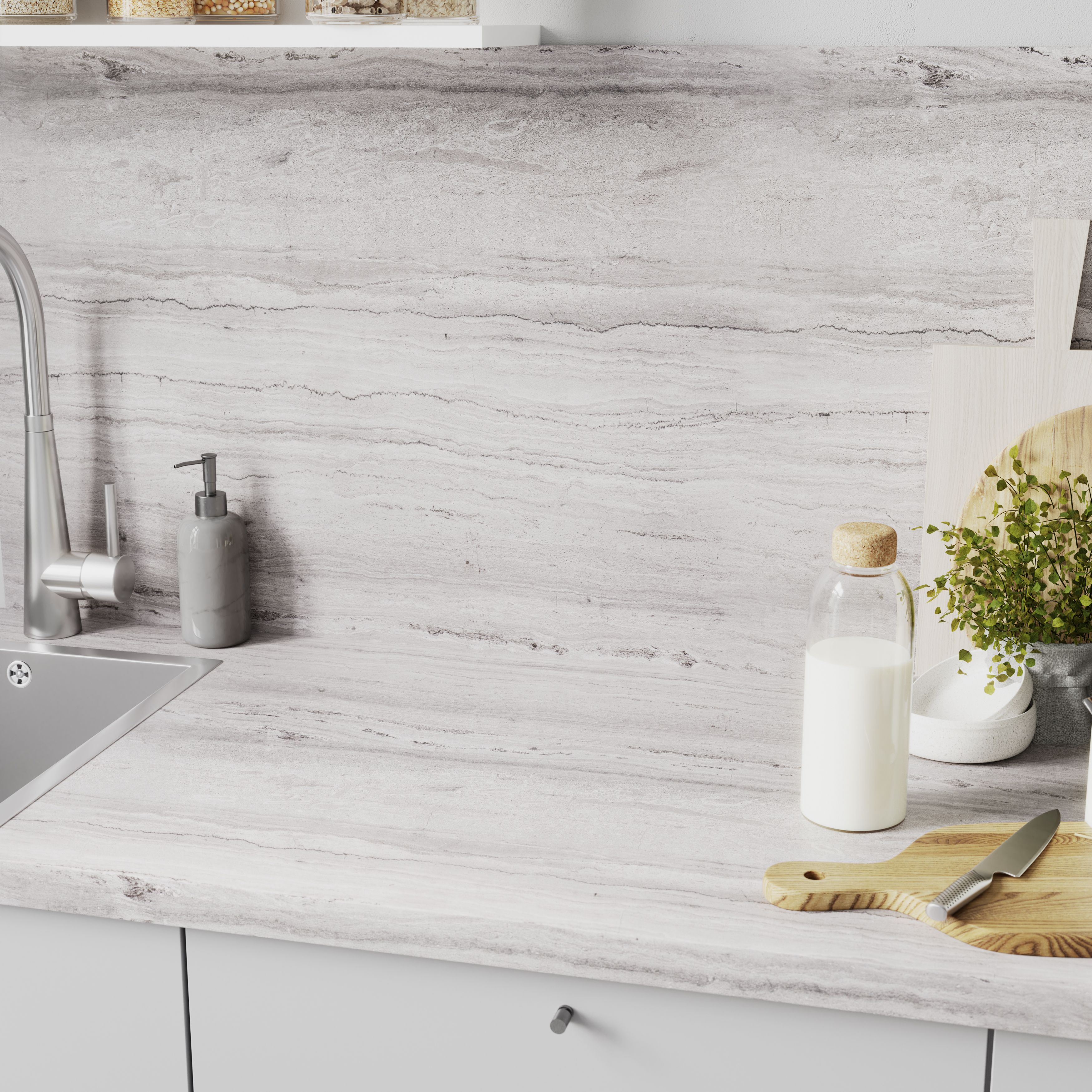 GoodHome 38mm Berberis Matt Grey Travertine effect Laminate Square edge Kitchen Worktop L 3000mm
