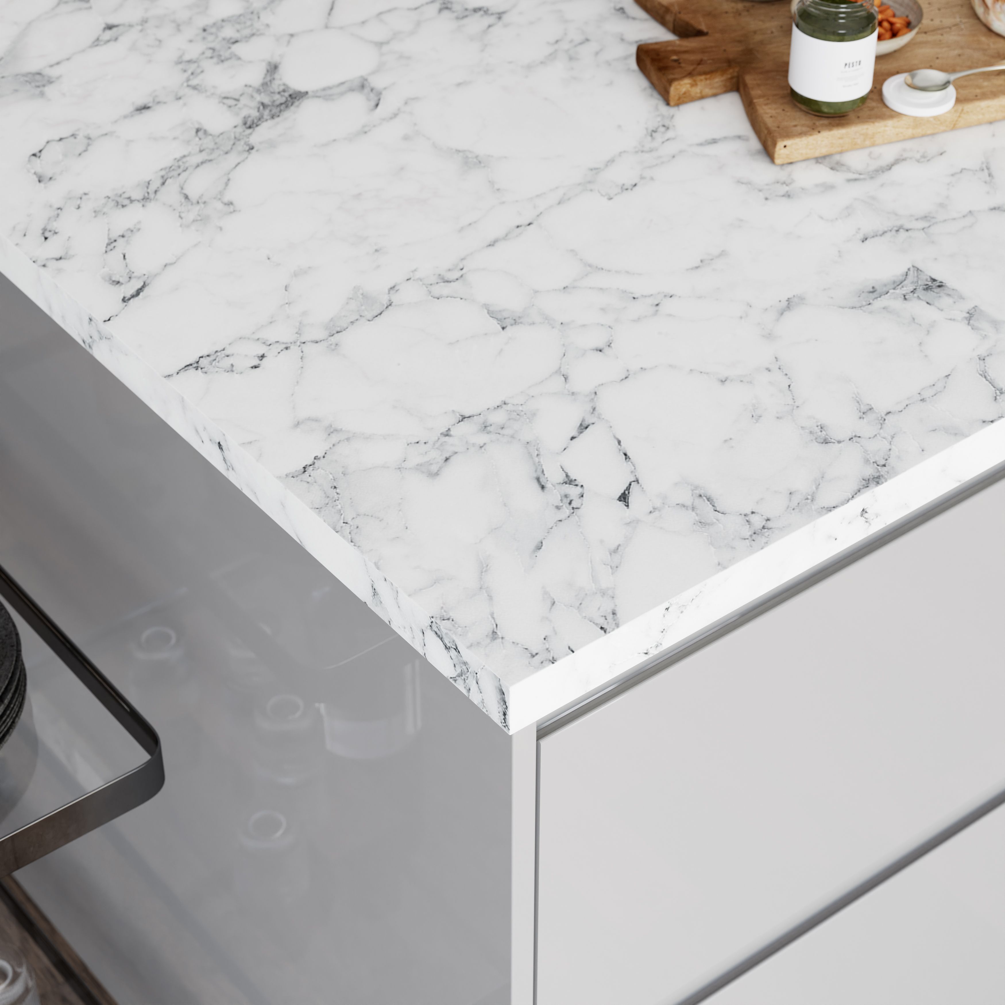 GoodHome 38mm Berberis Matt White Quartz effect Laminate Square edge Breakfast bar, (L)2000mm