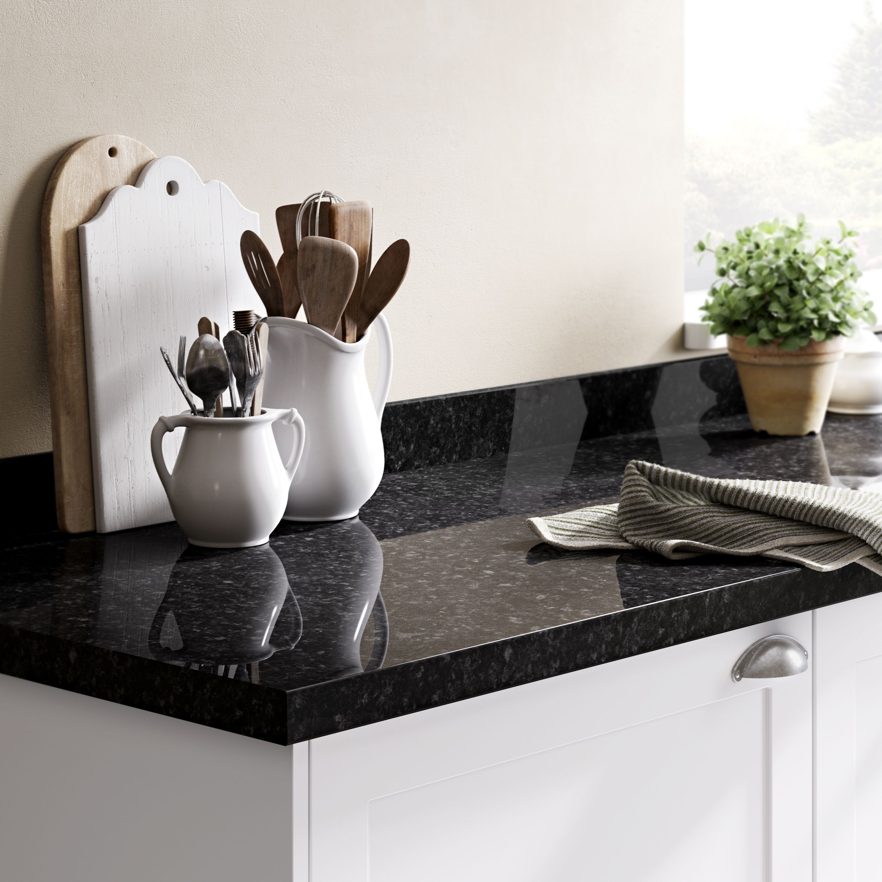 GoodHome 38mm Kabsa Gloss Black Granite effect Laminate & particle ...