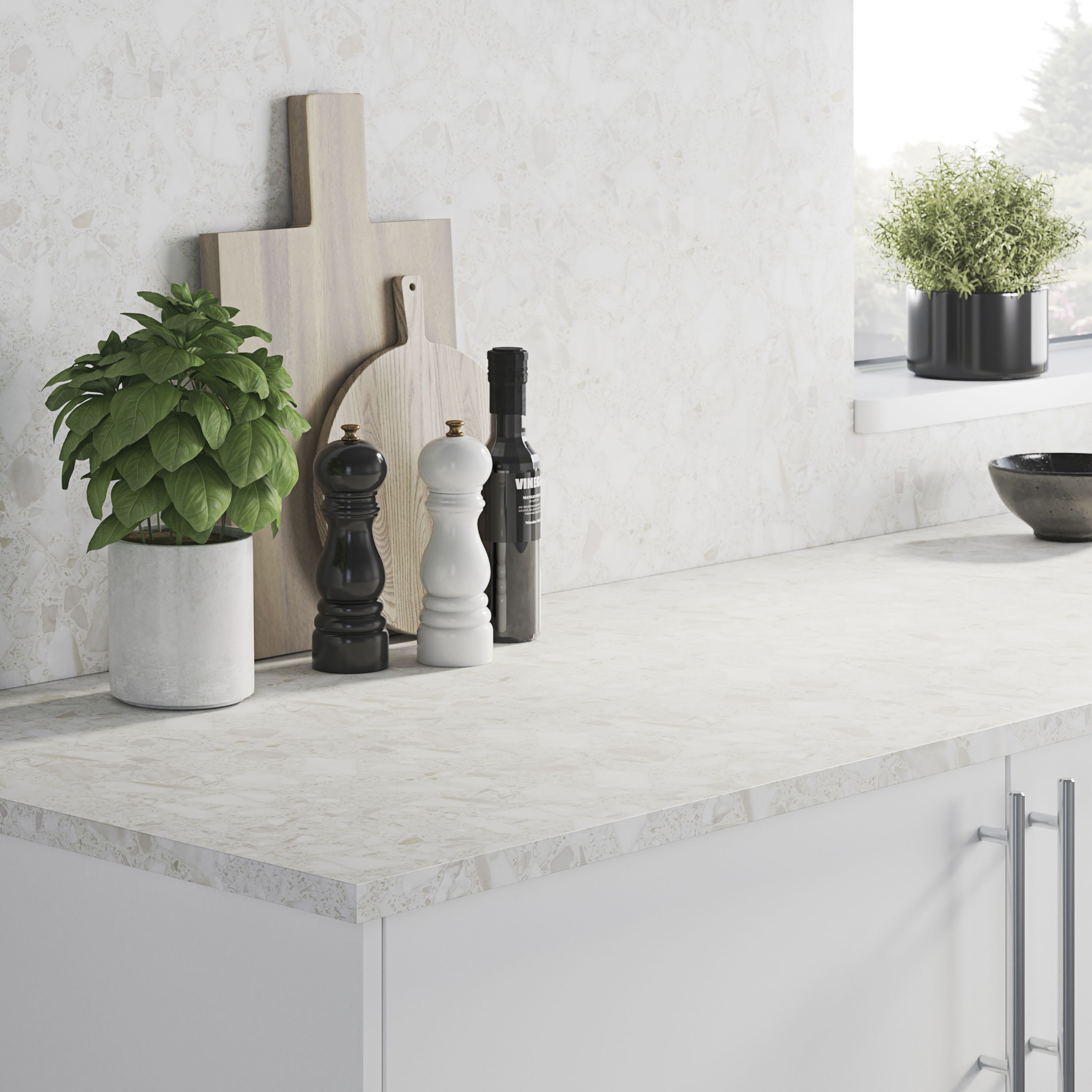 GoodHome Algiata Polished White Marble effect Laminated chipboard Back ...