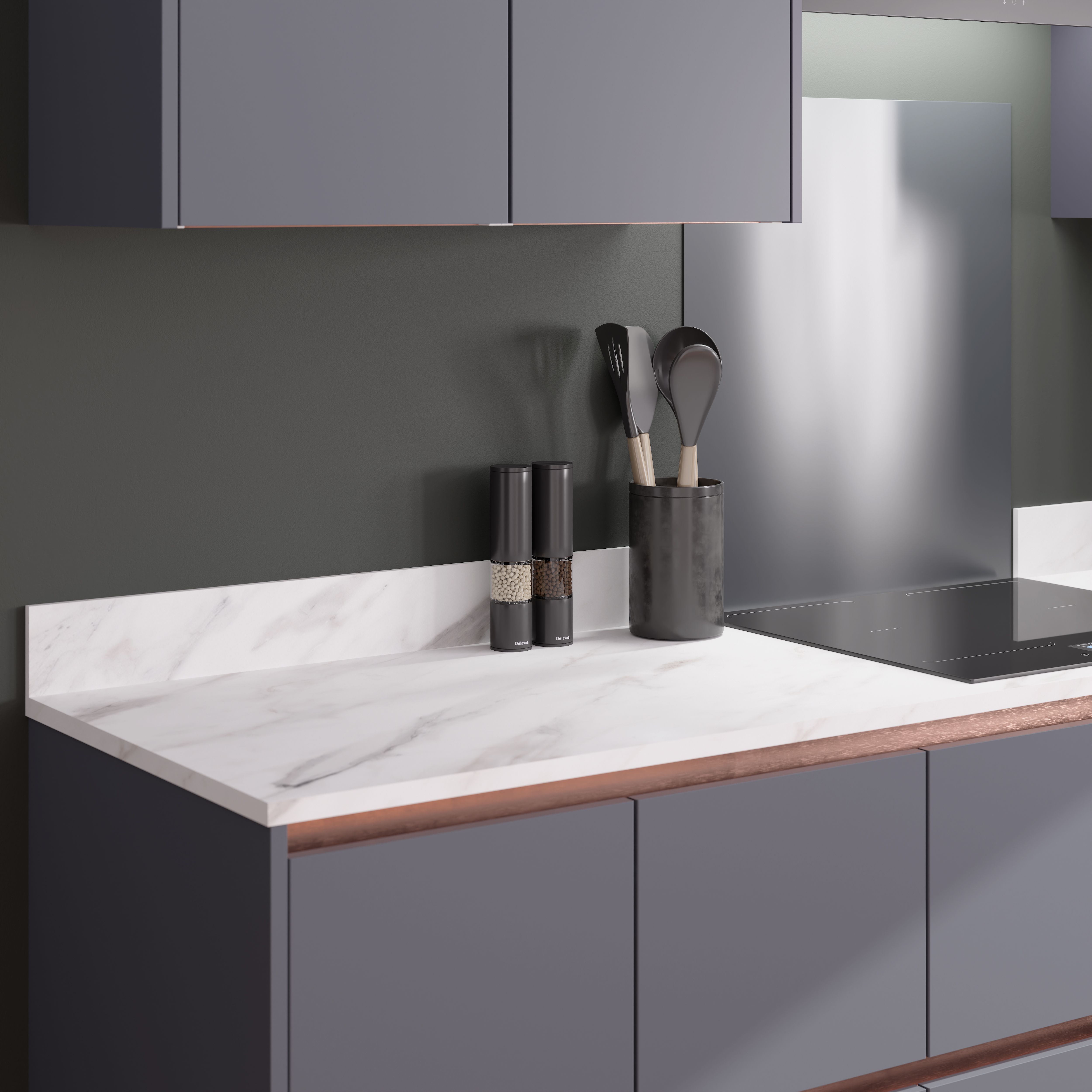 GoodHome Algiata Satin White Marble effect Laminate Kitchen Upstand (L ...