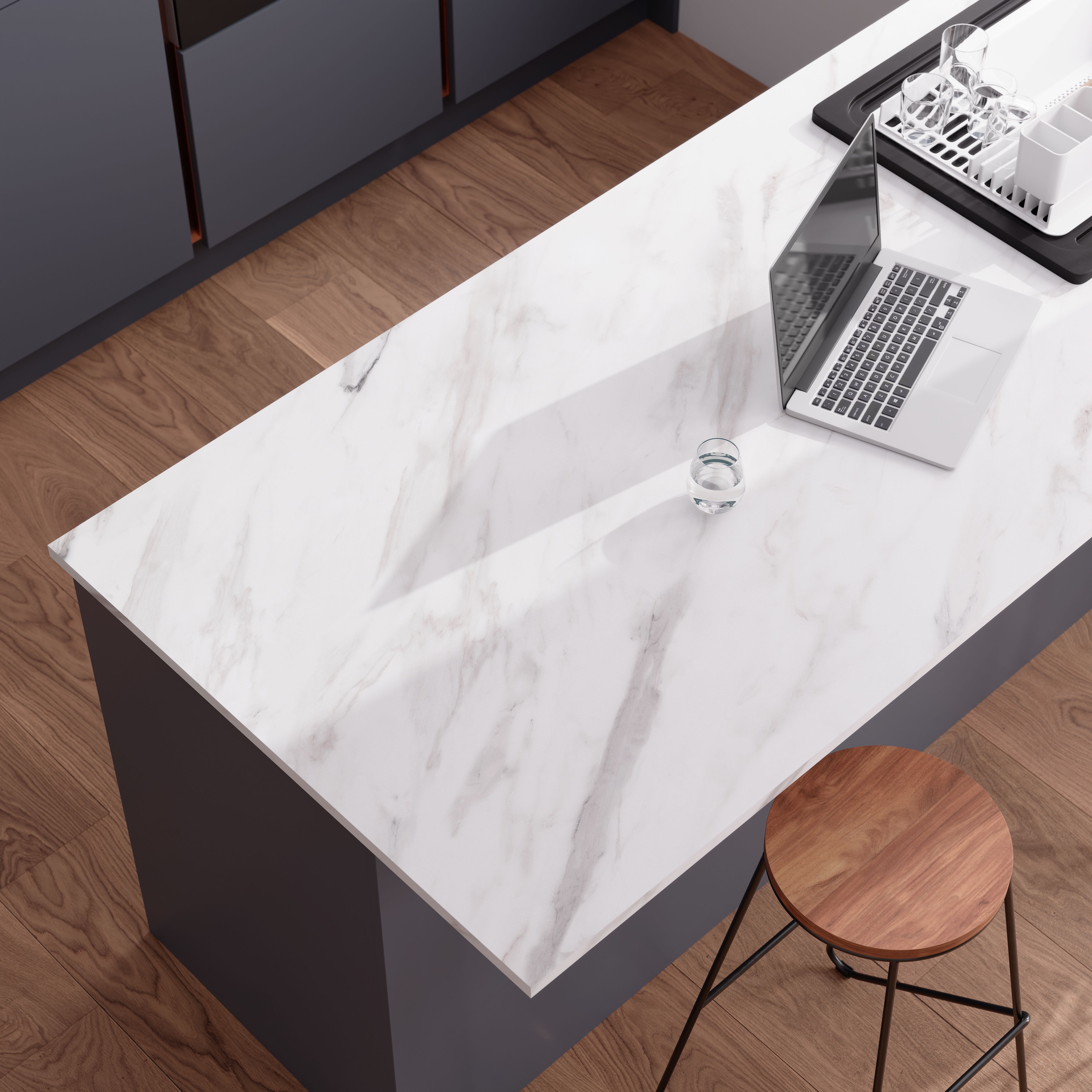 GoodHome Algiata Satin White Marble effect Laminate Square edge Kitchen ...