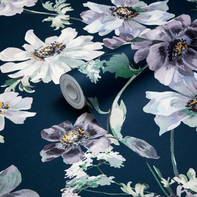 GoodHome Amazo Blue Floral Textured Wallpaper | DIY at B&Q