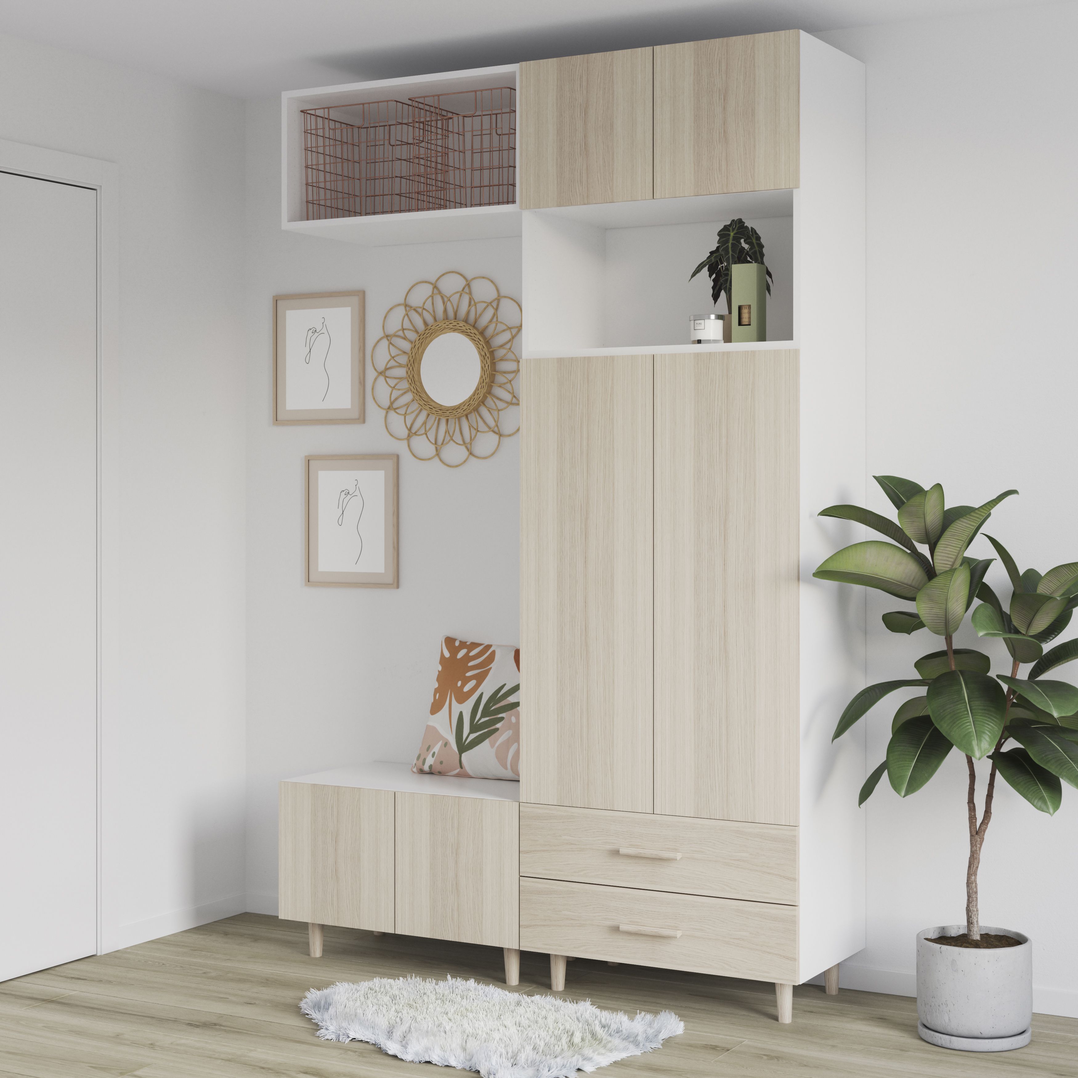 GoodHome Atomia White & Neutral Oak effect Large Hallway storage unit ...