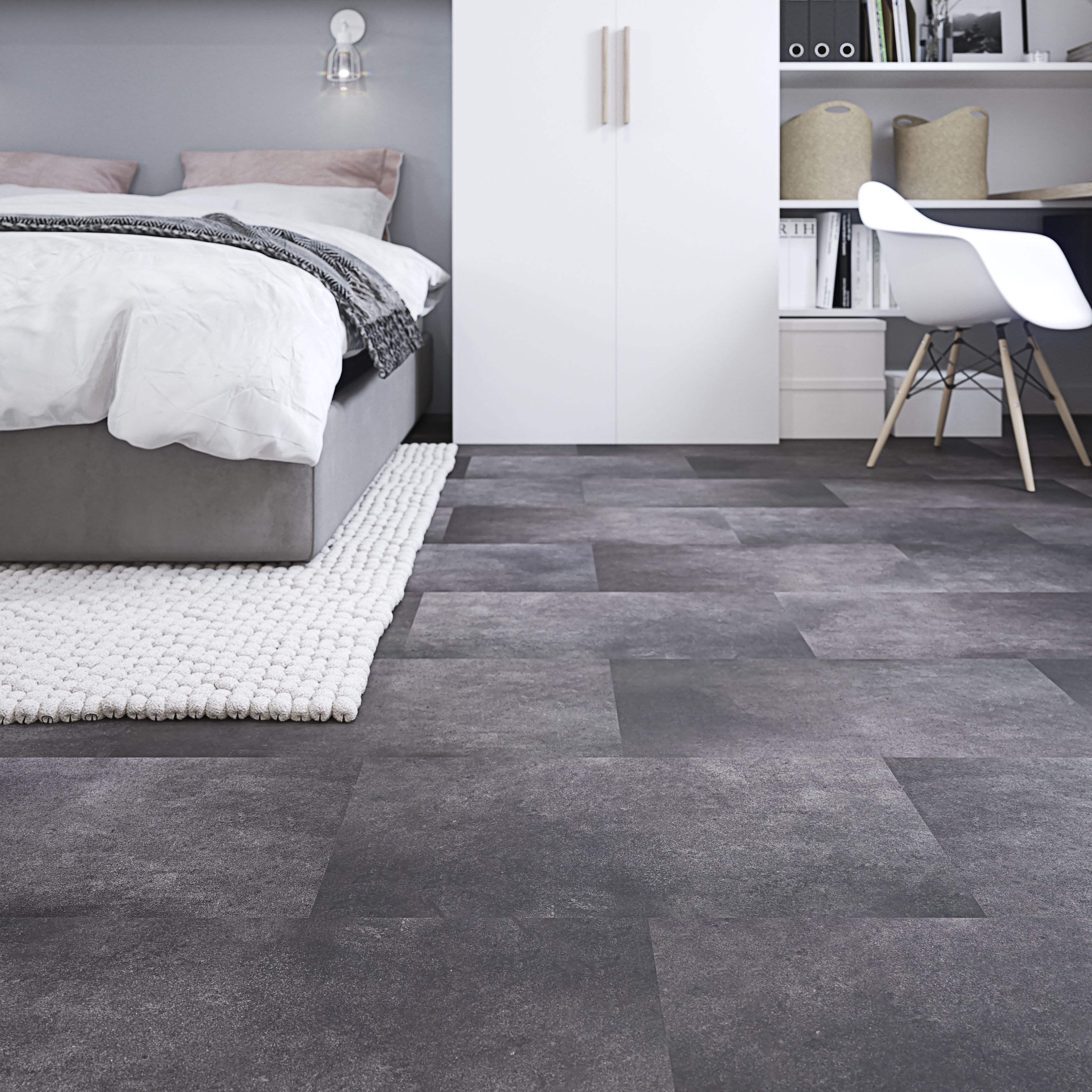 GoodHome Baila Grey concrete Textured Tile effect Textured Click vinyl ...