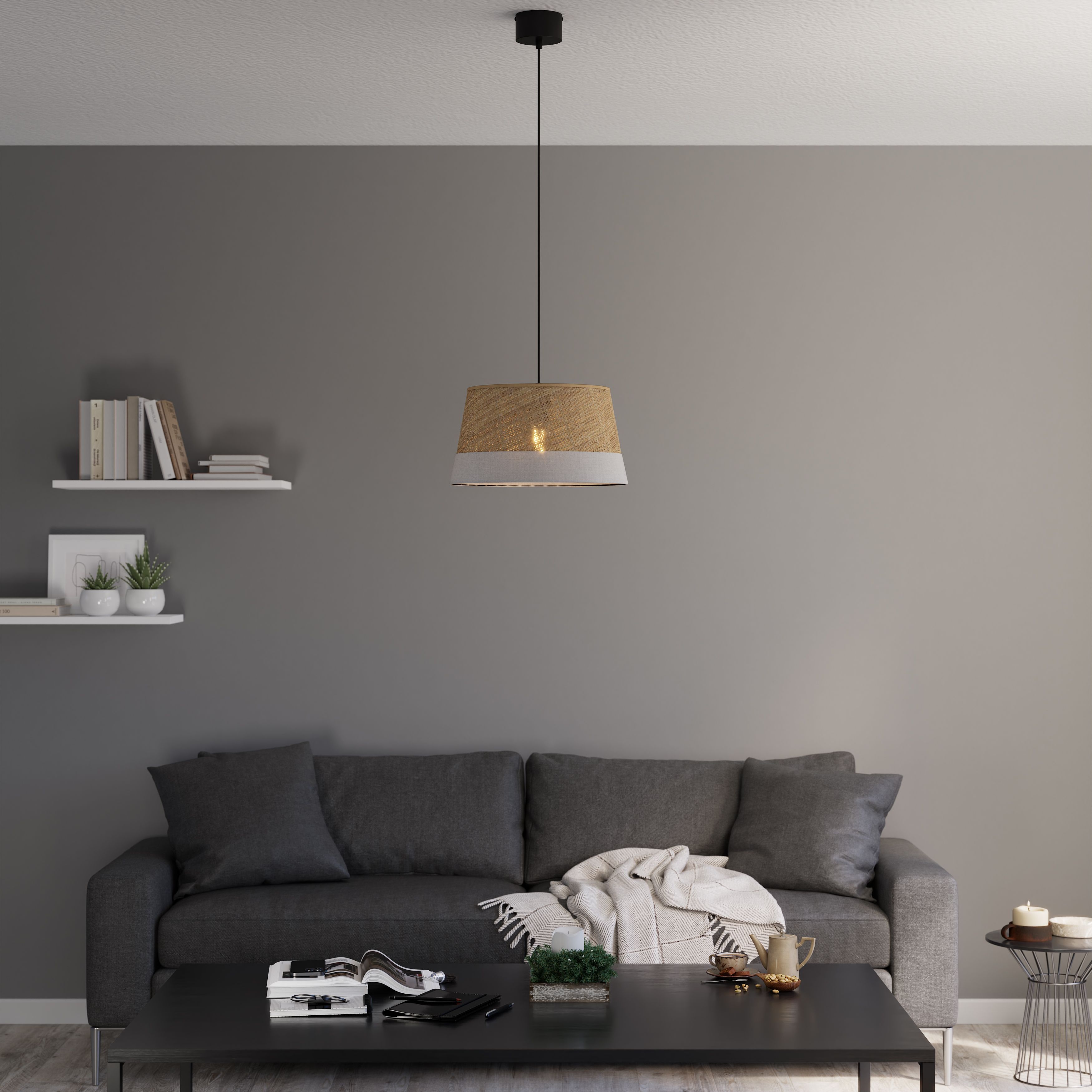 GOODHOME BELLBIRD GREY & NATURAL ROUND LAMP SHADE (D)38CM