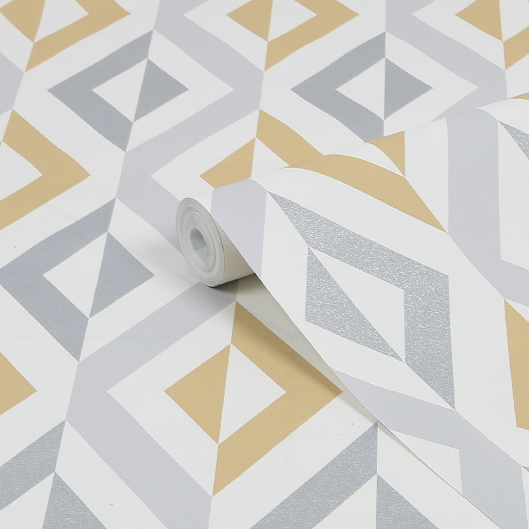 GoodHome Beril Grey & ochre Gold effect Geometric Textured Wallpaper ...