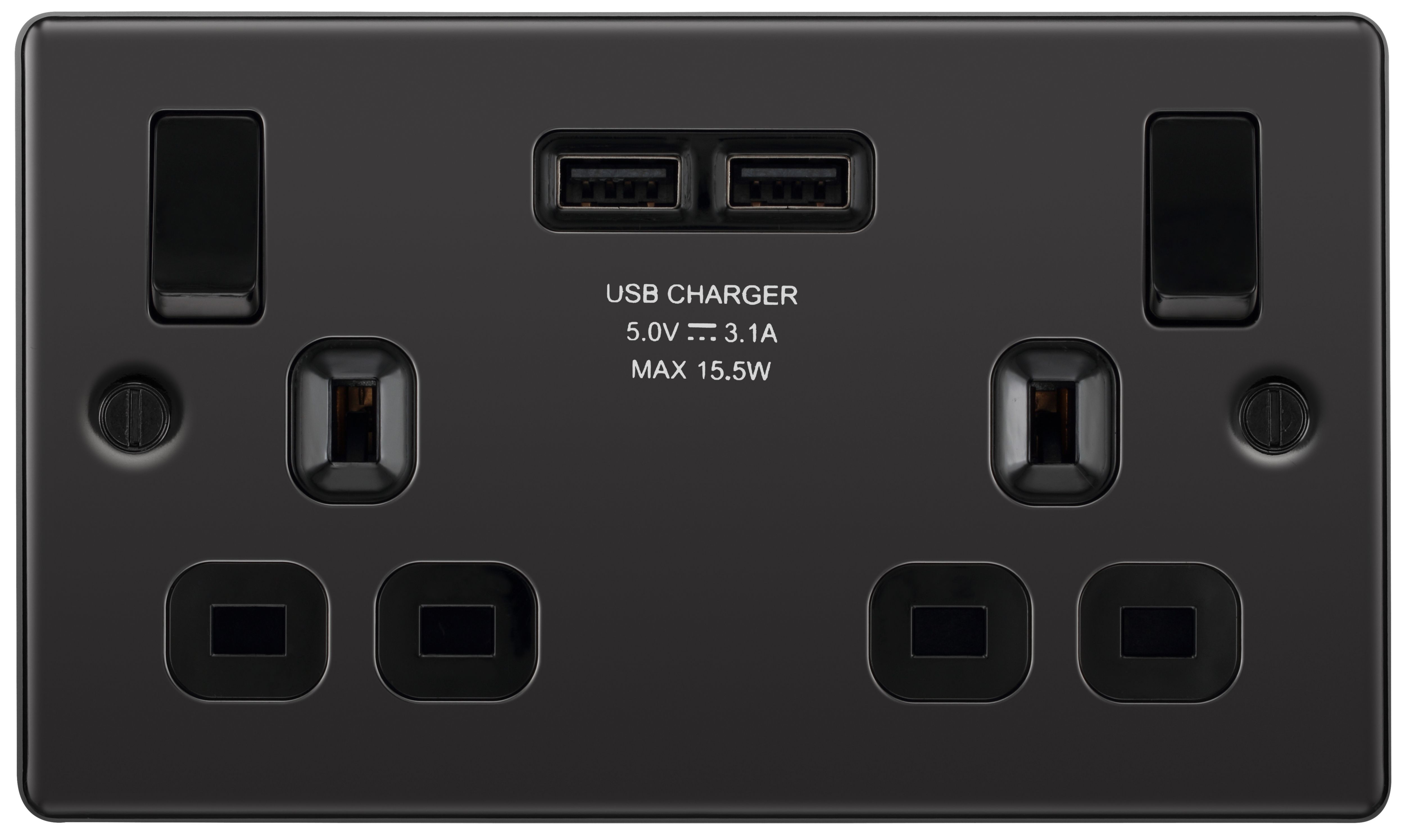 GoodHome Black Nickel Double 13A Raised rounded Switched Screwed Socket ...