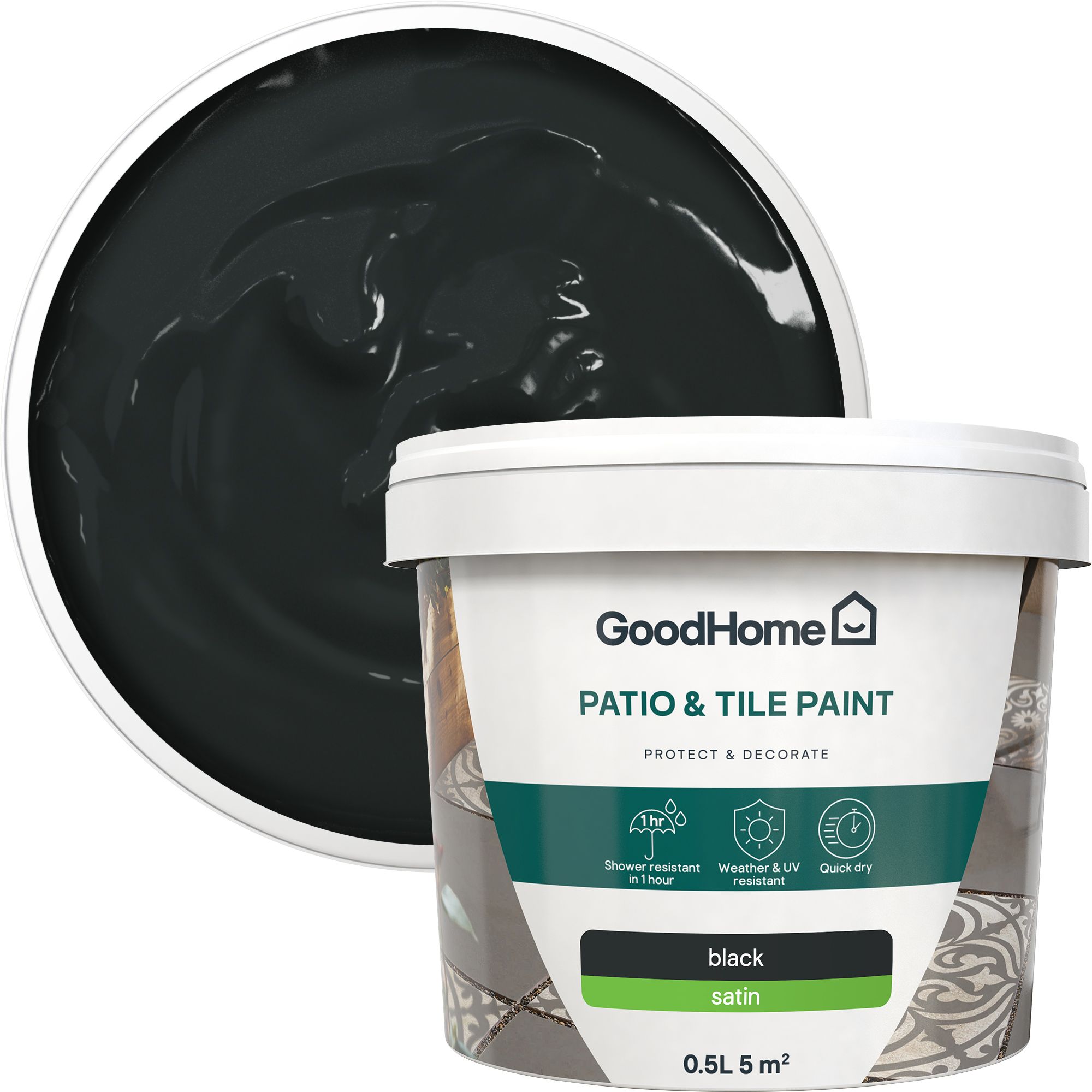 GoodHome Black Satin Patio & tile paint, 500ml