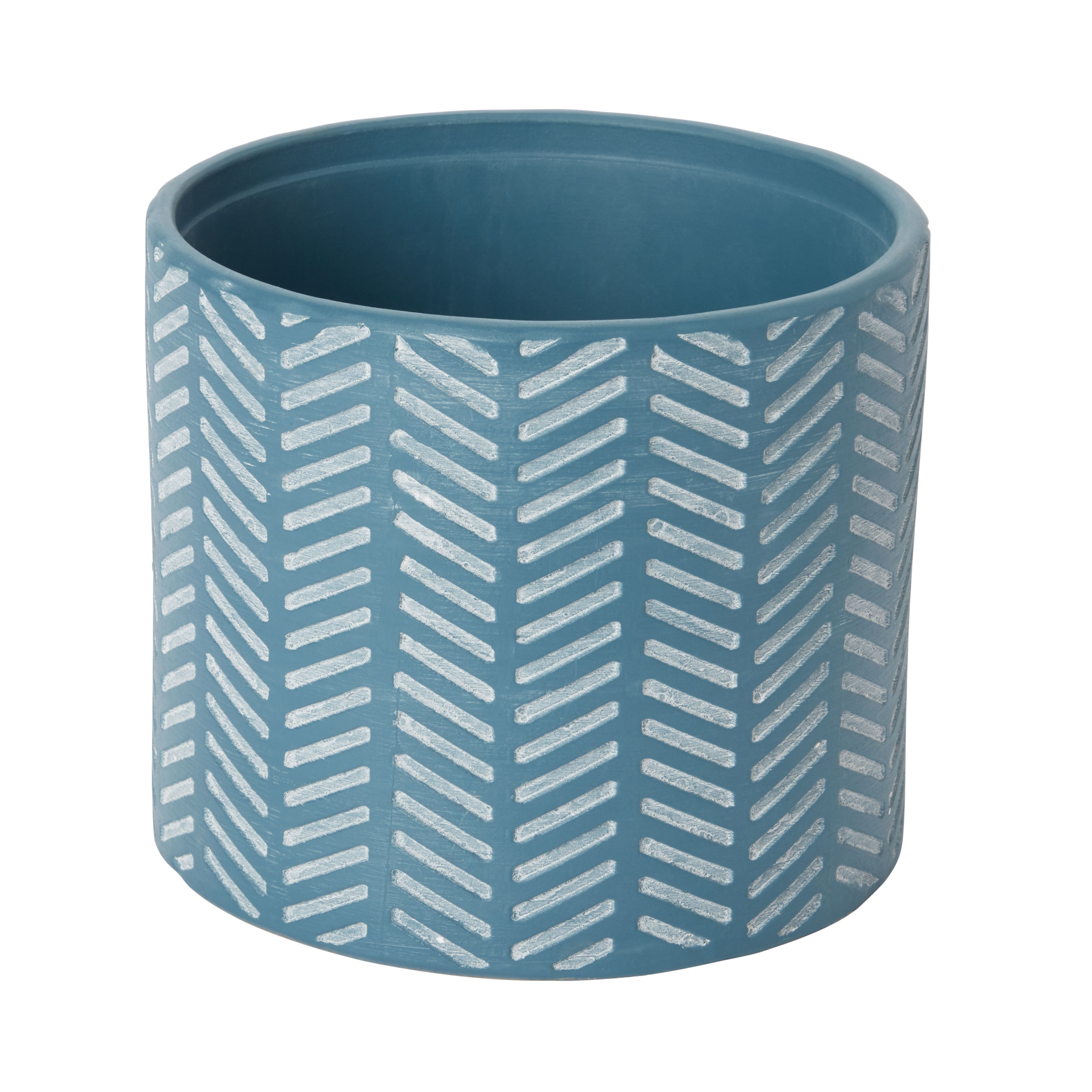 GoodHome Blue coral Herringbone Clay Plant pot (Dia) 16cm, (H)13.5cm, 1.9L