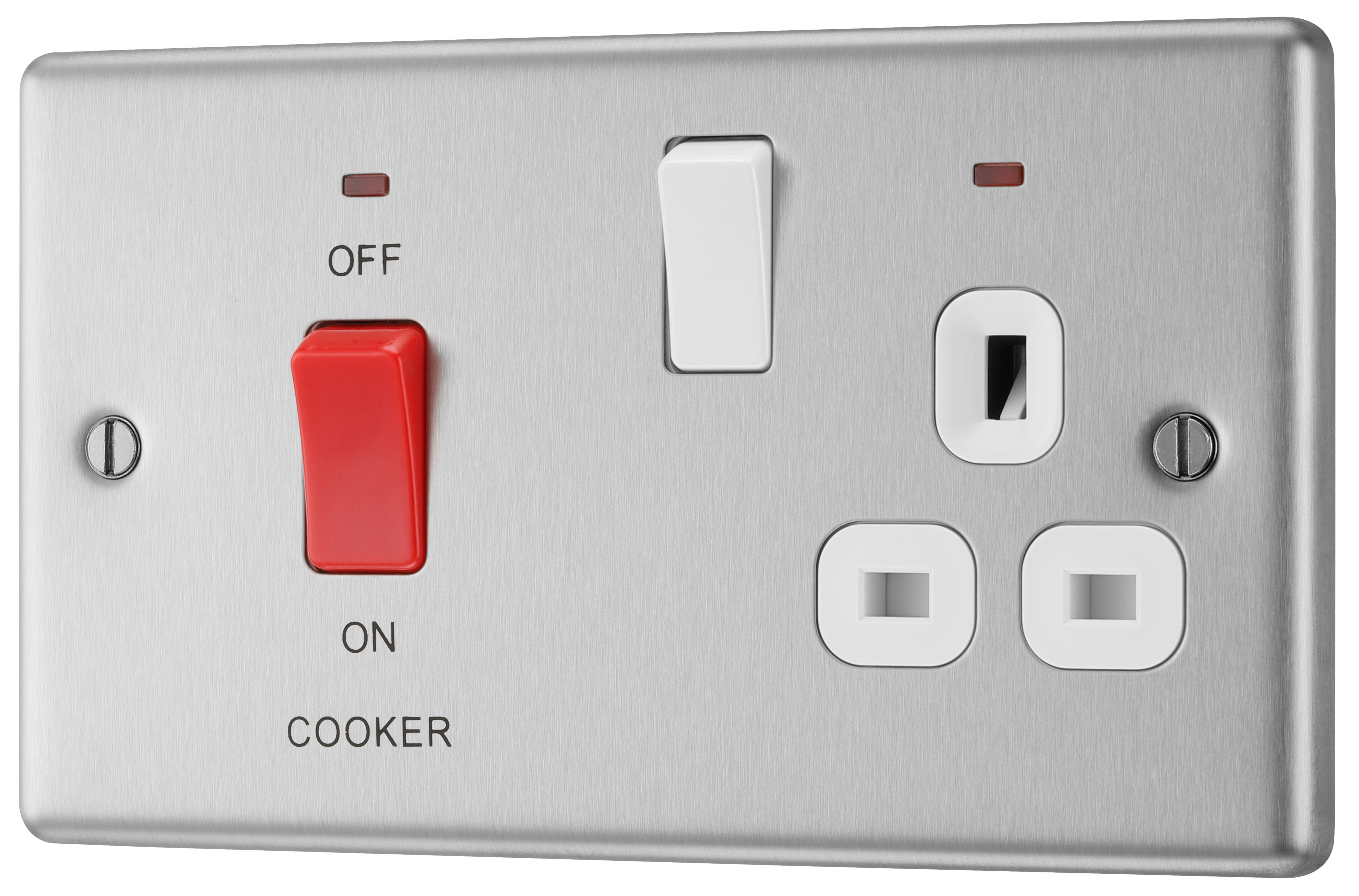 GoodHome Brushed Steel Cooker switch & socket with neon & White inserts ...