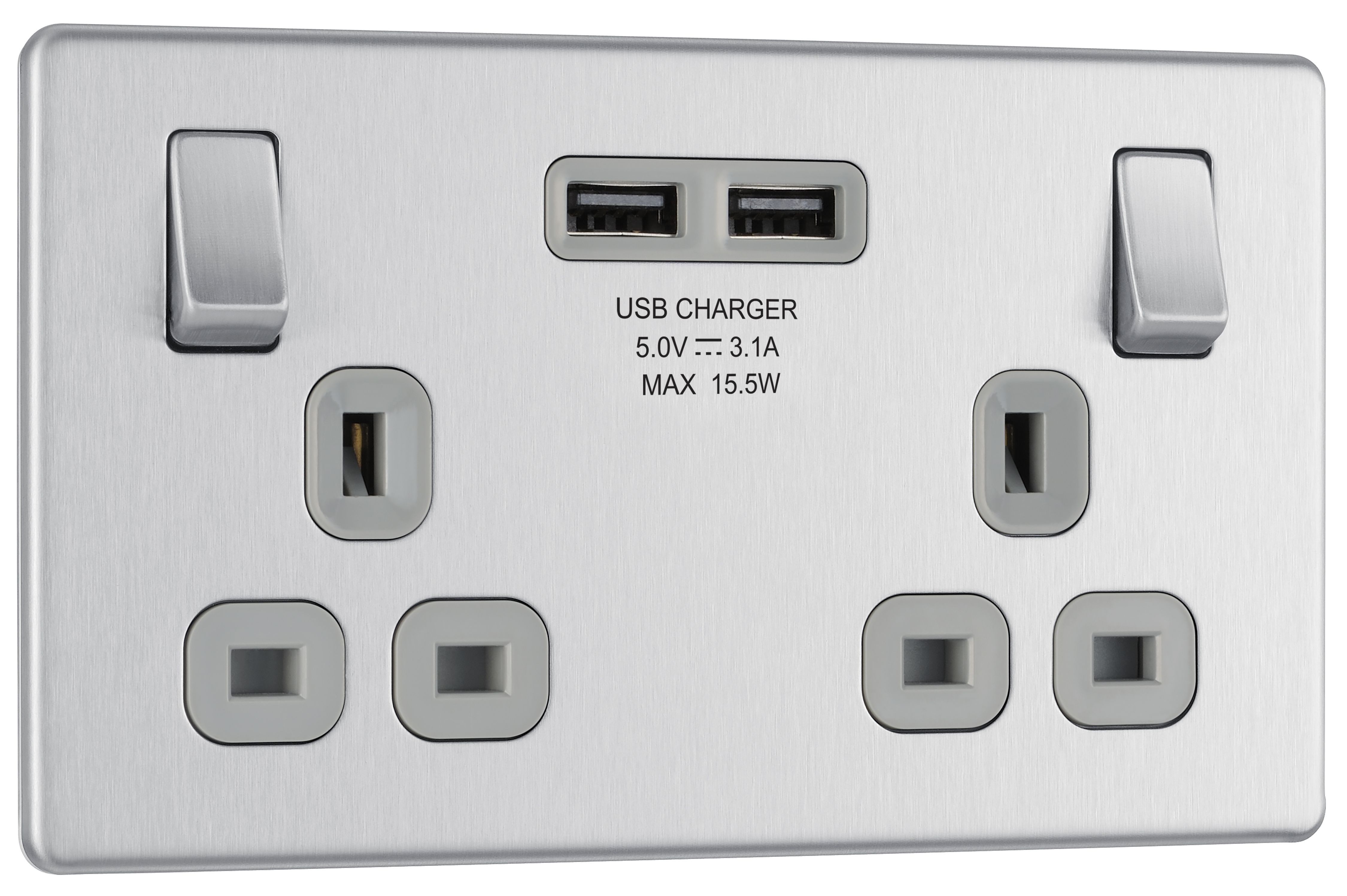 GoodHome Brushed Steel Double 13A Flat Switched Screwless Socket with ...