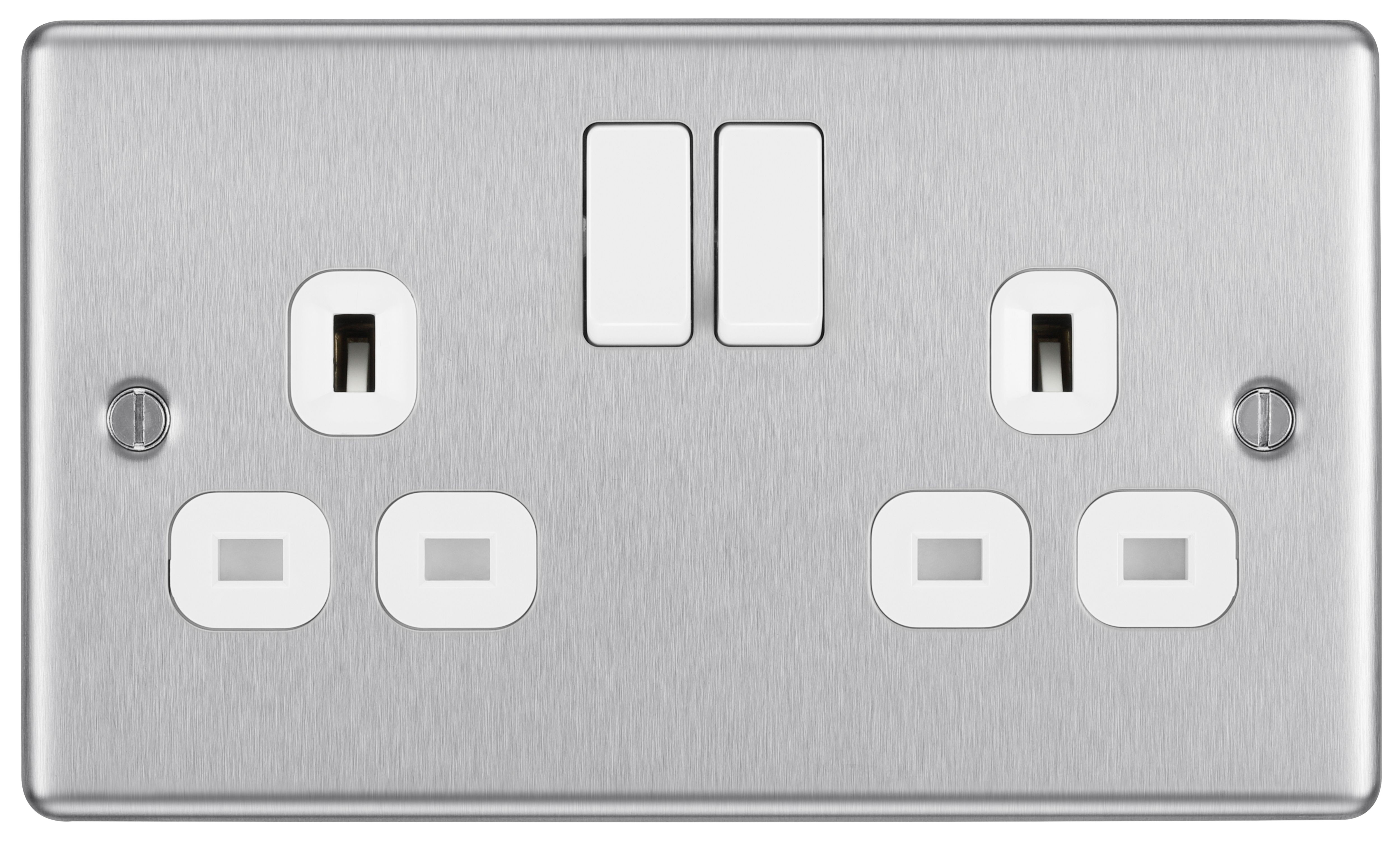 GOODHOME BRUSHED STEEL DOUBLE 13A SWITCHED SOCKET & WHITE INSERTS, PACK ...