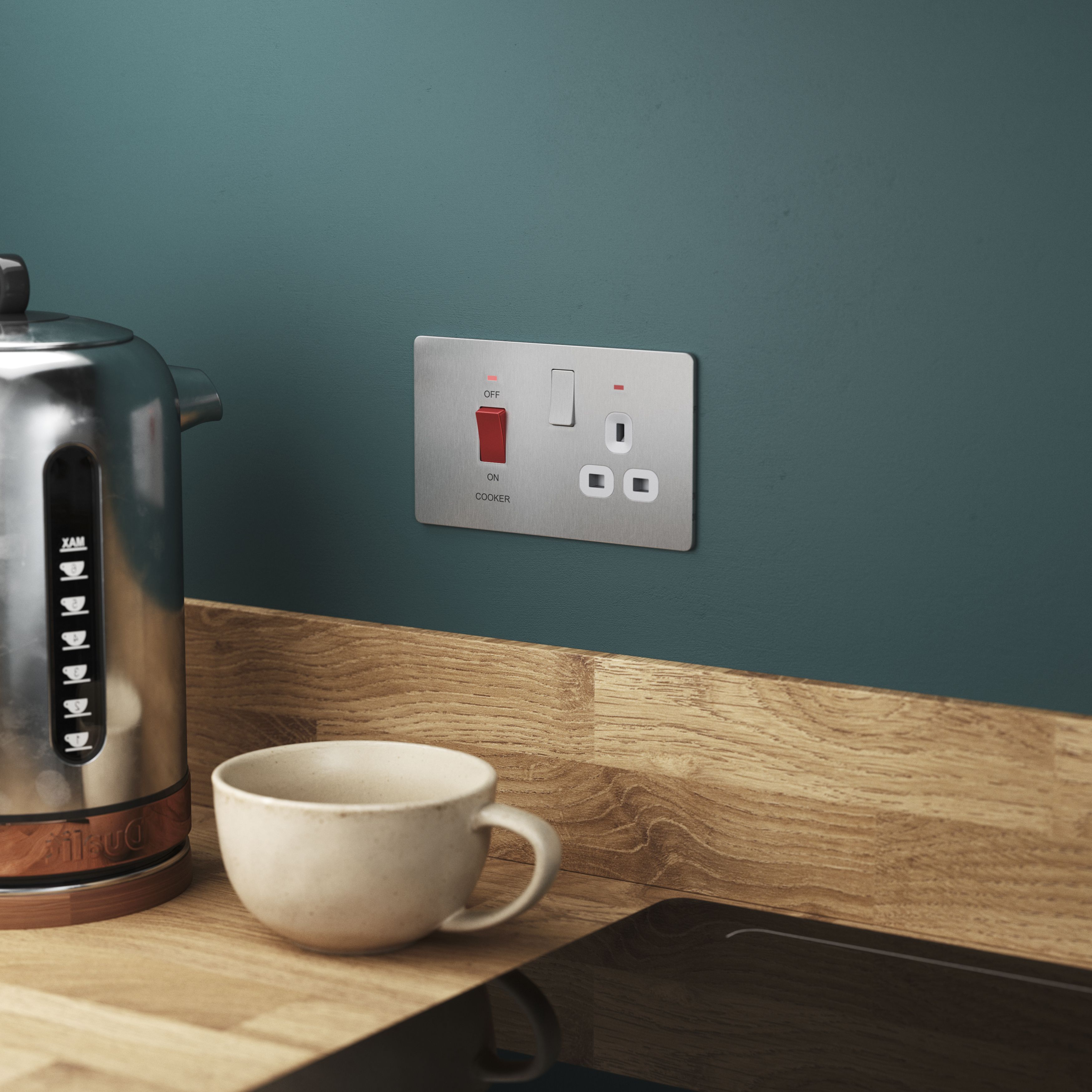 GoodHome Brushed Steel Screwless Cooker switch & socket with neon ...