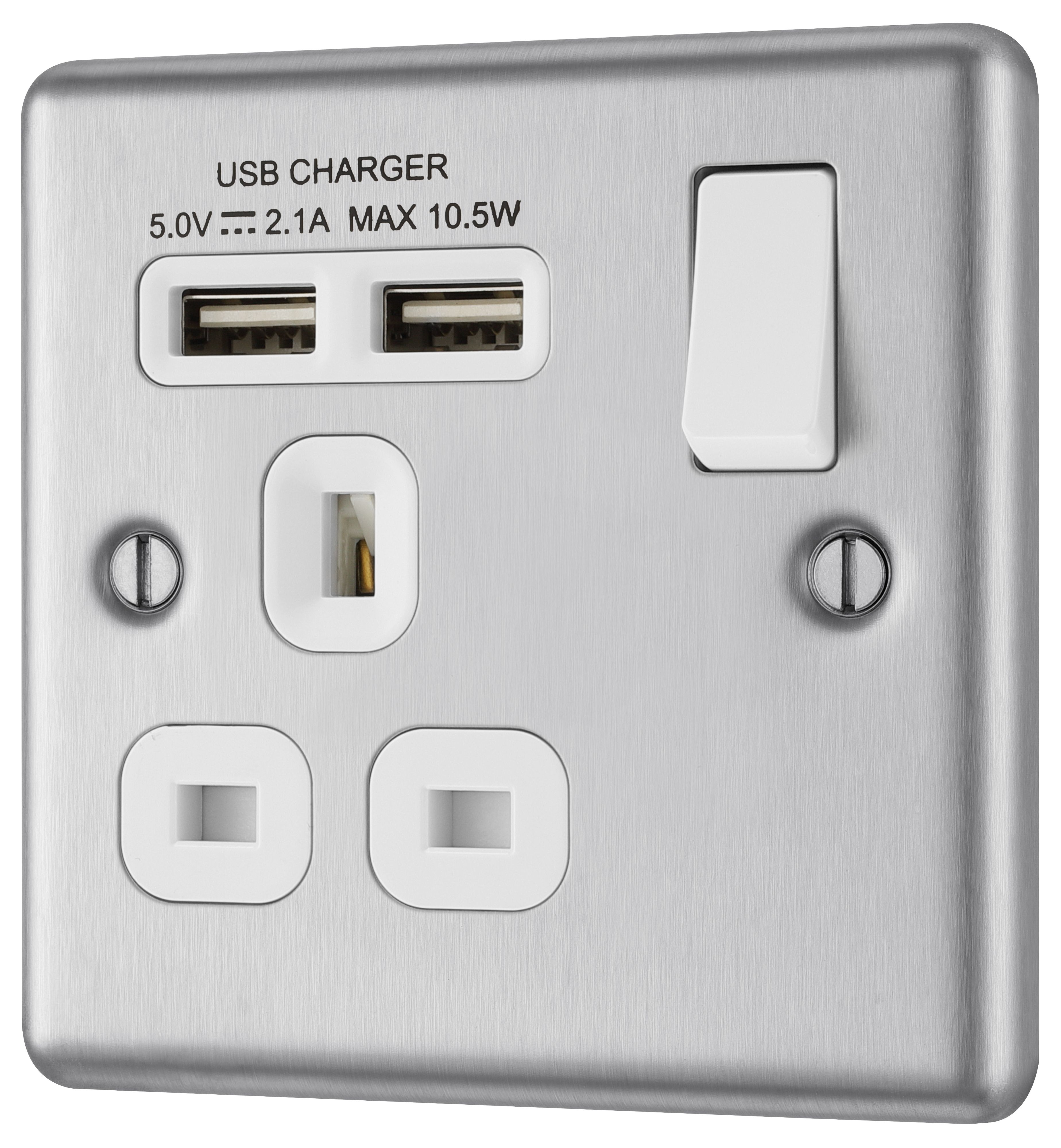 GoodHome Brushed Steel Single 13A Raised rounded Switched Screwed ...