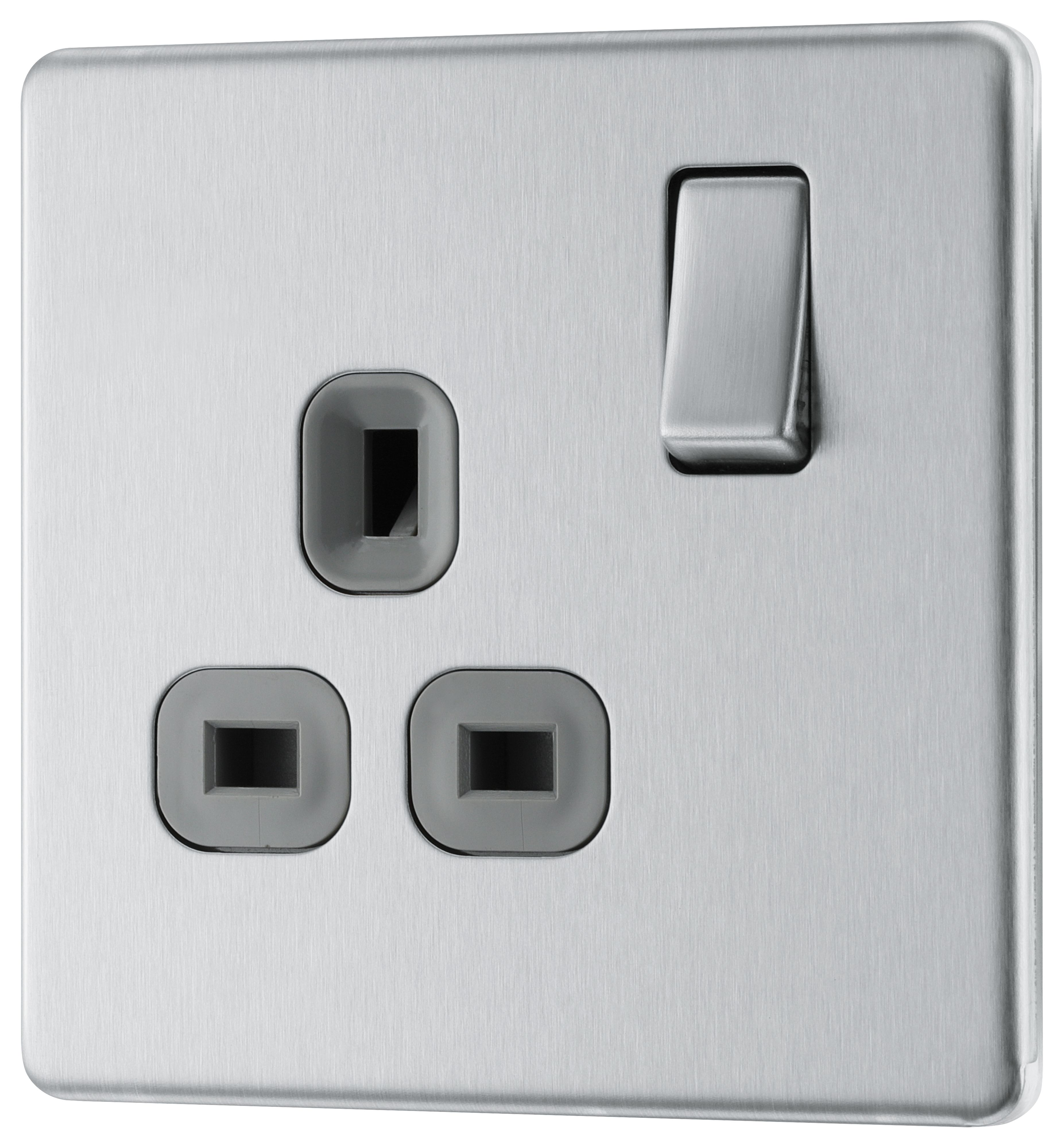 GoodHome Brushed Steel Single 13A Socket & Grey inserts | DIY at B&Q