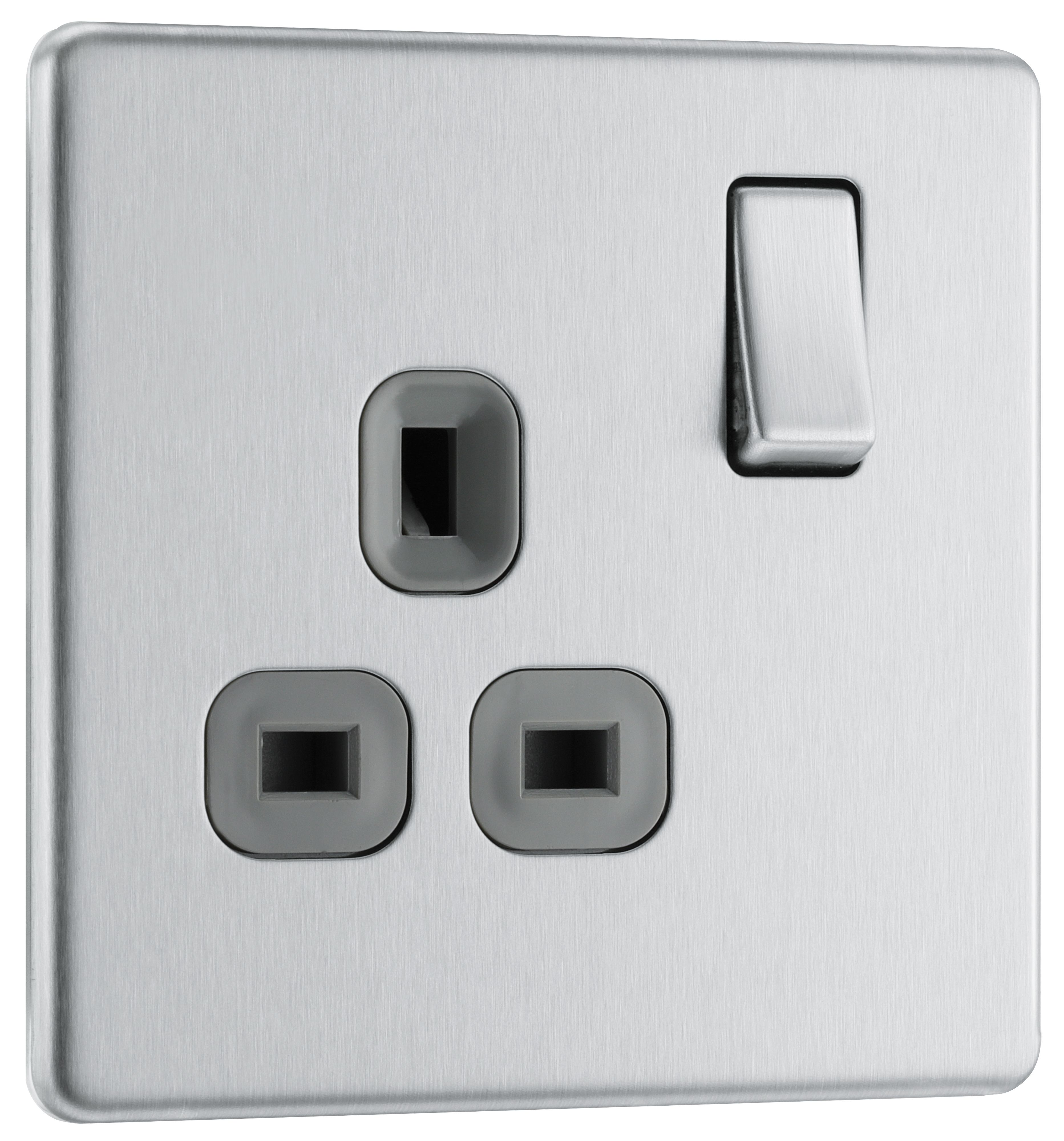 GoodHome Brushed Steel Single 13A Socket & Grey inserts | DIY at B&Q