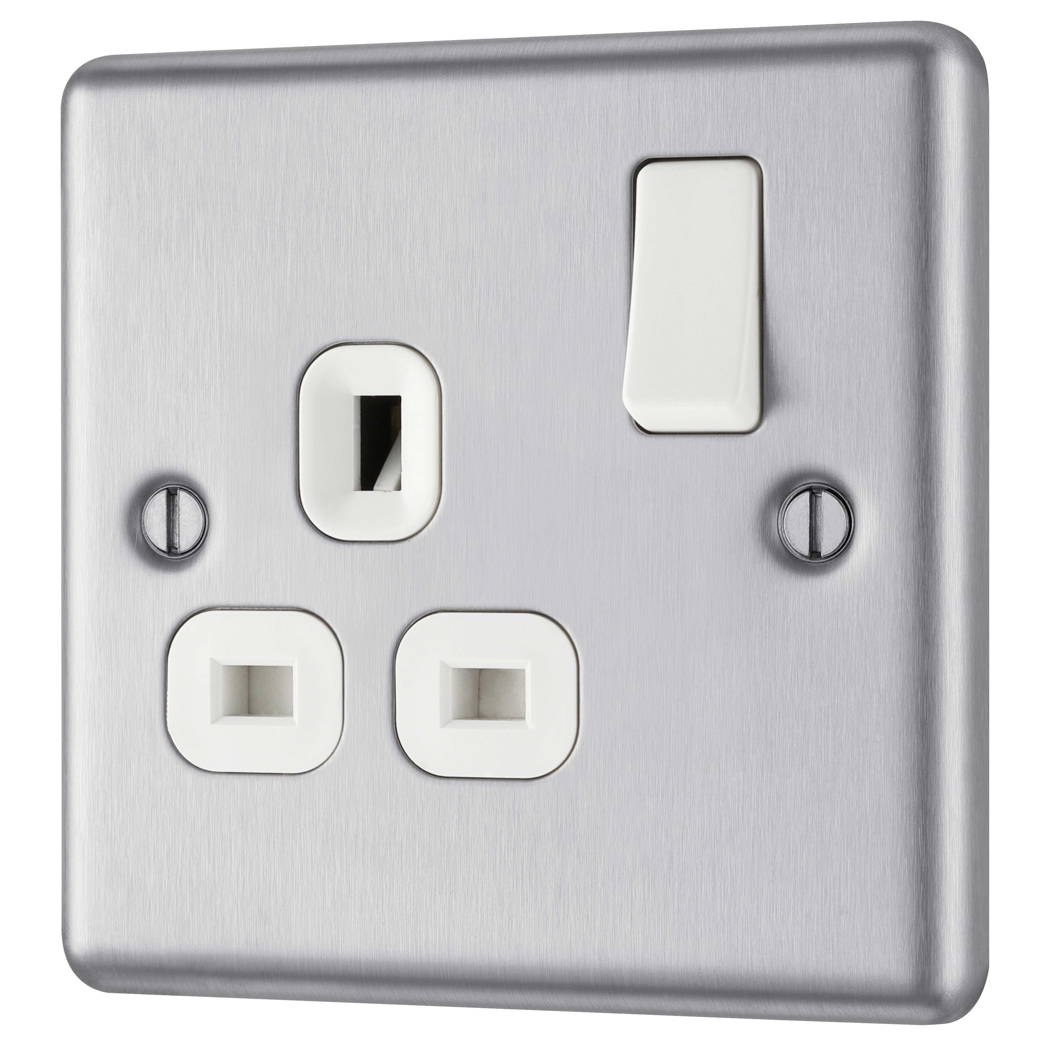 GoodHome Brushed Steel Single 13A Switched Socket & White inserts | DIY ...