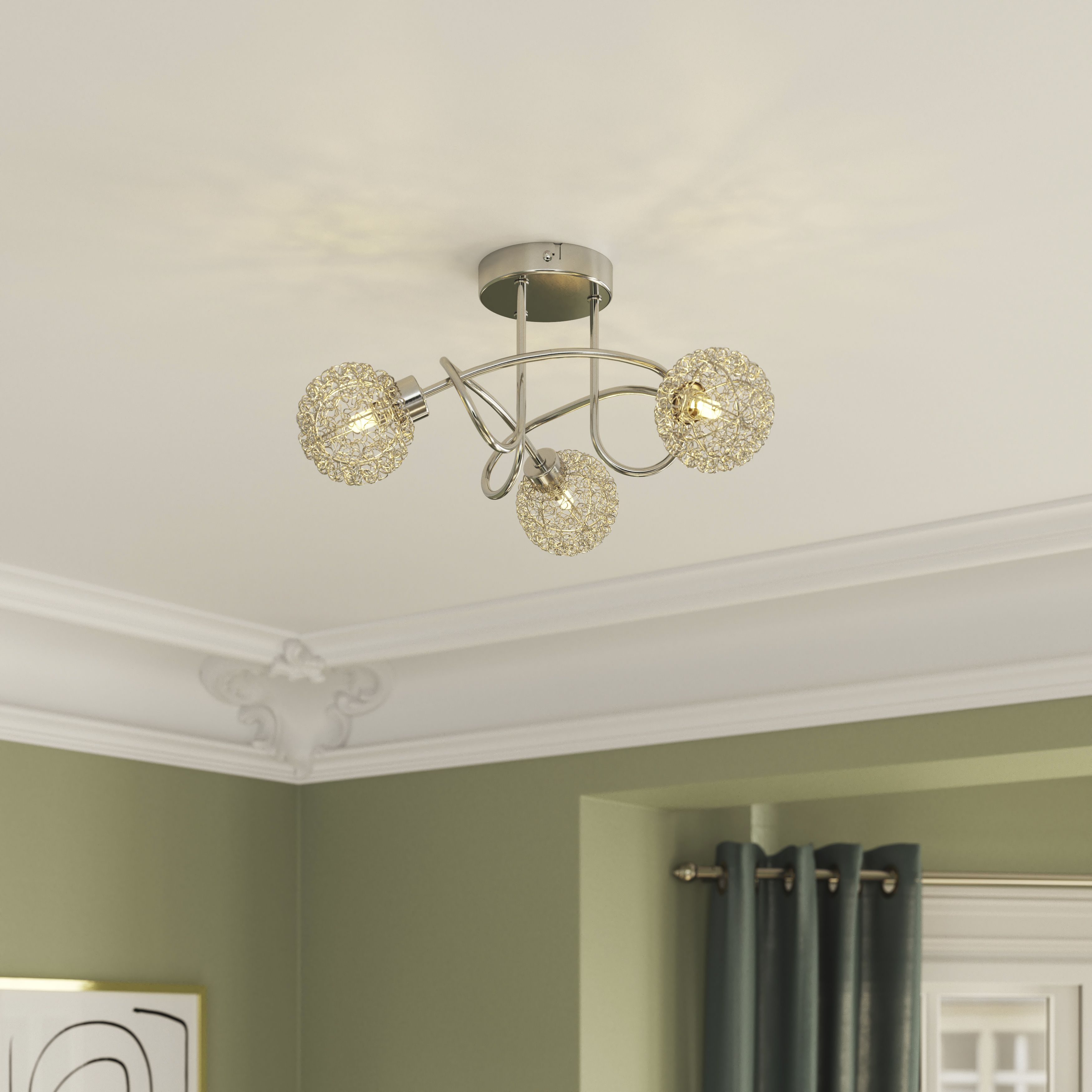 GoodHome Caelus Spiral Metal Chrome effect 3 Lamp Ceiling light