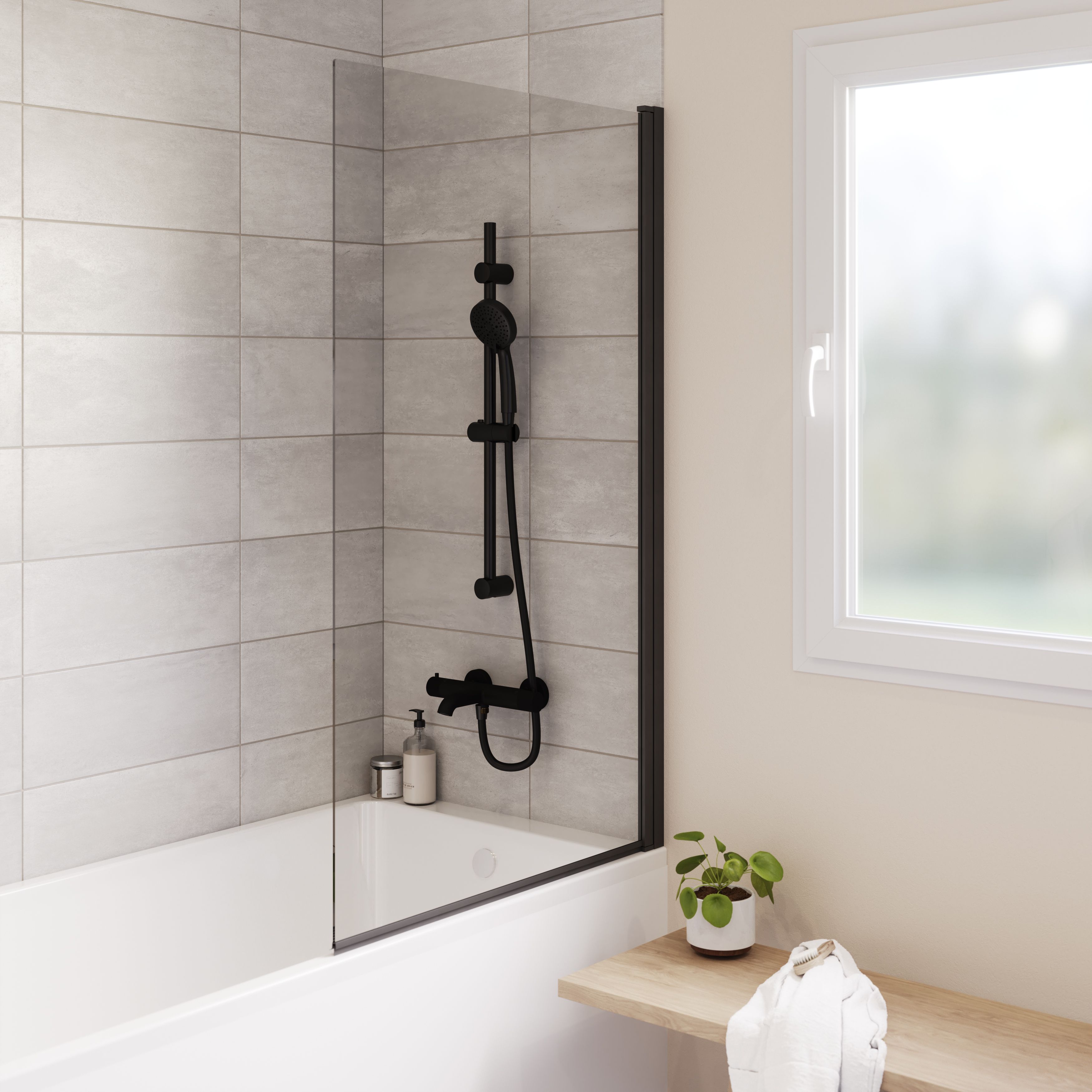 GoodHome Calera Straight 1 panel Clear glass Black Bath screen, (W ...