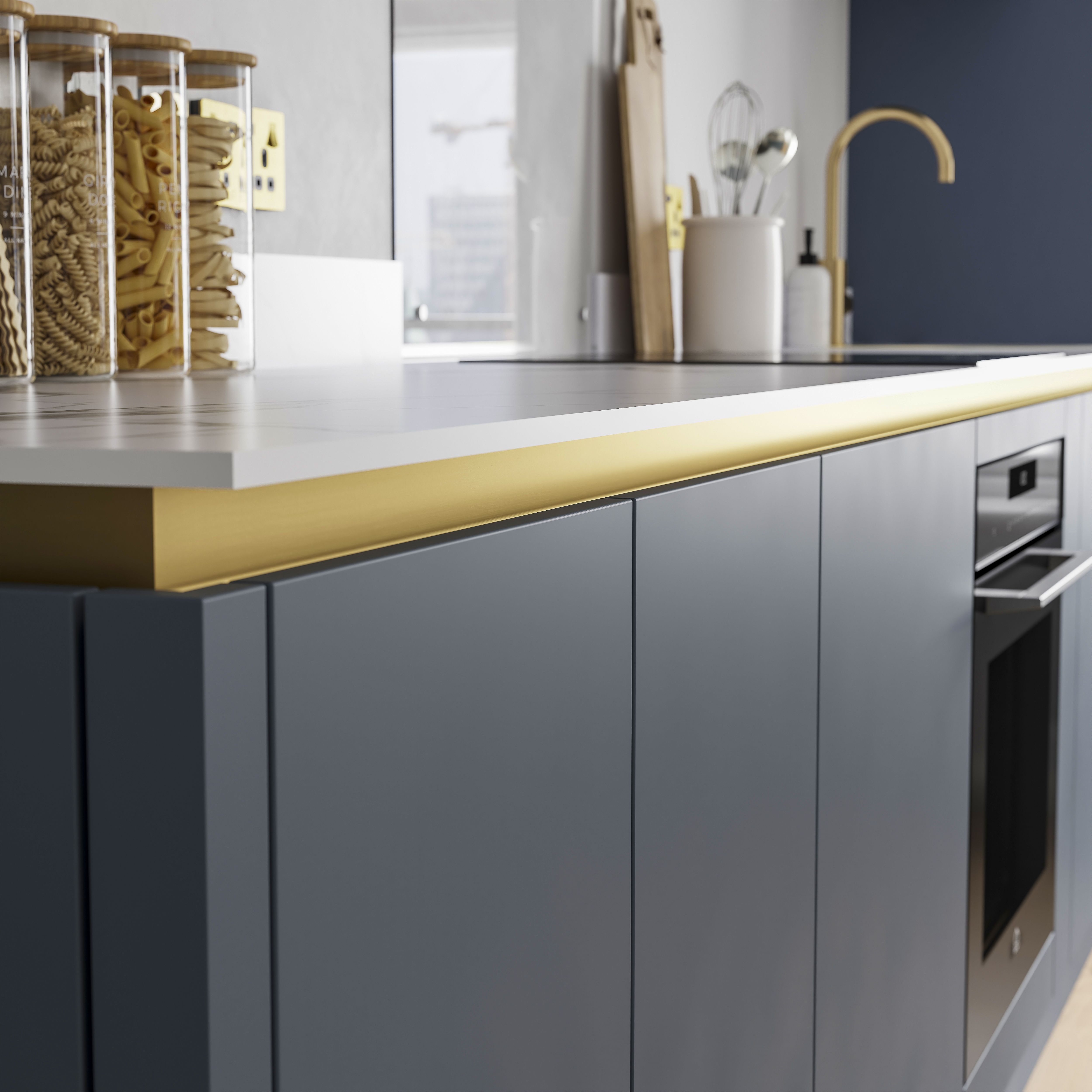 GoodHome Caraway Innovo Handleless Brushed brass effect Tall end larder ...