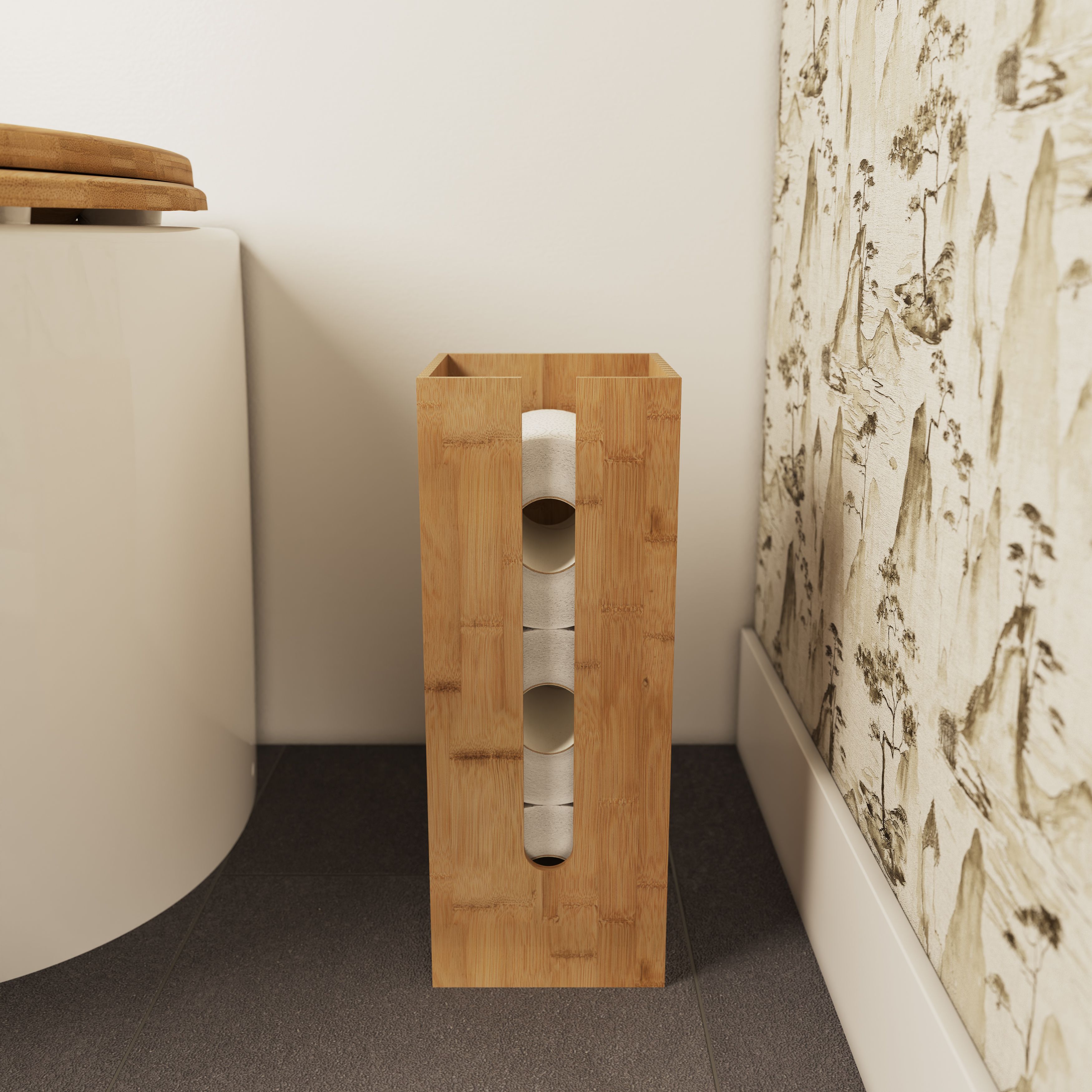 GoodHome Cervia Bamboo Freestanding Toilet roll storage box (H)330mm (W ...